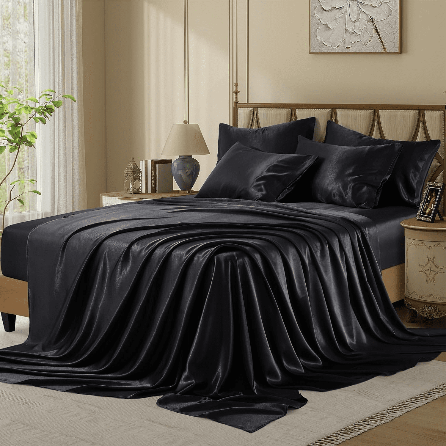 dxynlzq Silk Like Satin Bed Sheets 6-Piece Navy Blue King Size Satin ...