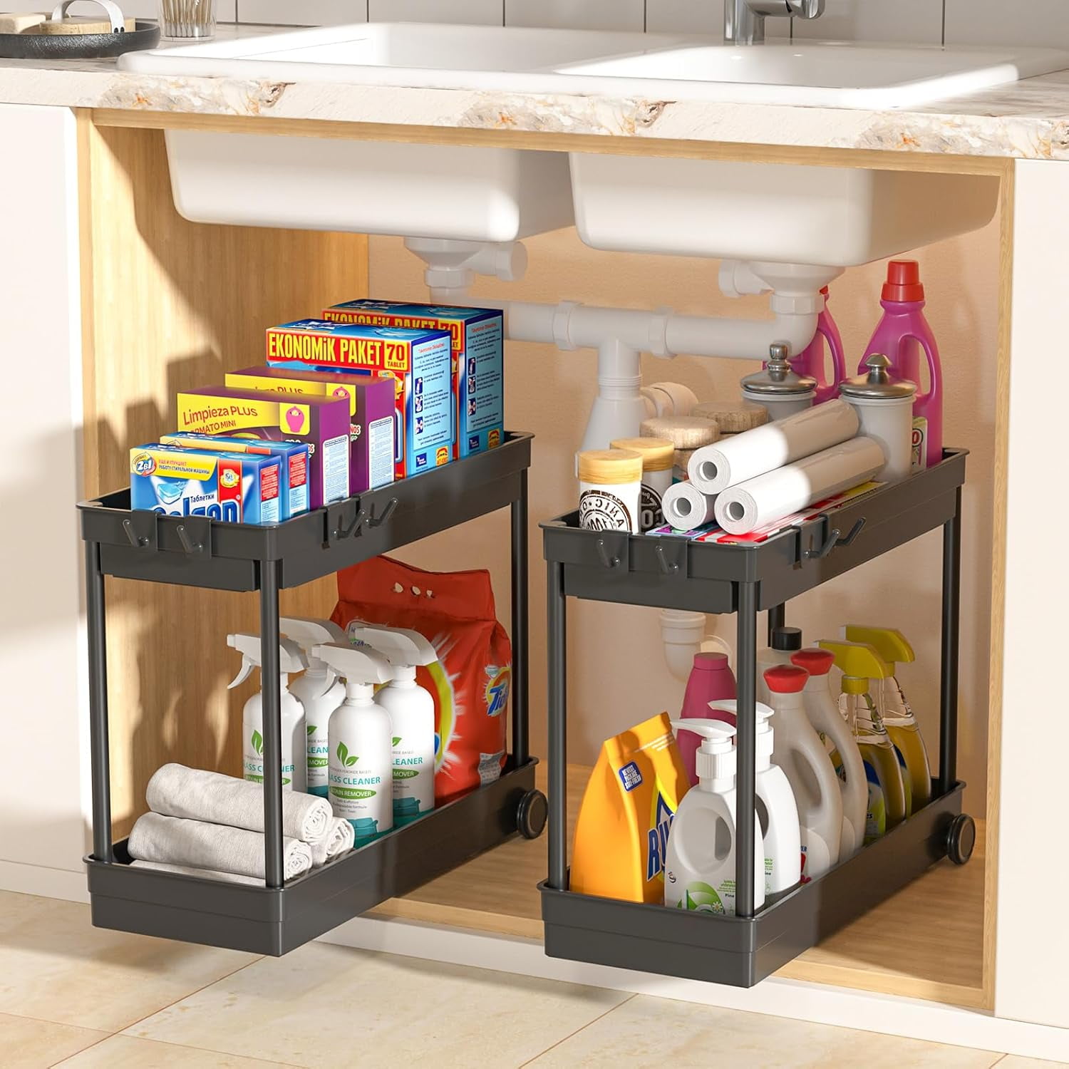 dxynlzq Under Sink Organizers and Storage：Black 2 Tier Sliding Cabinet ...