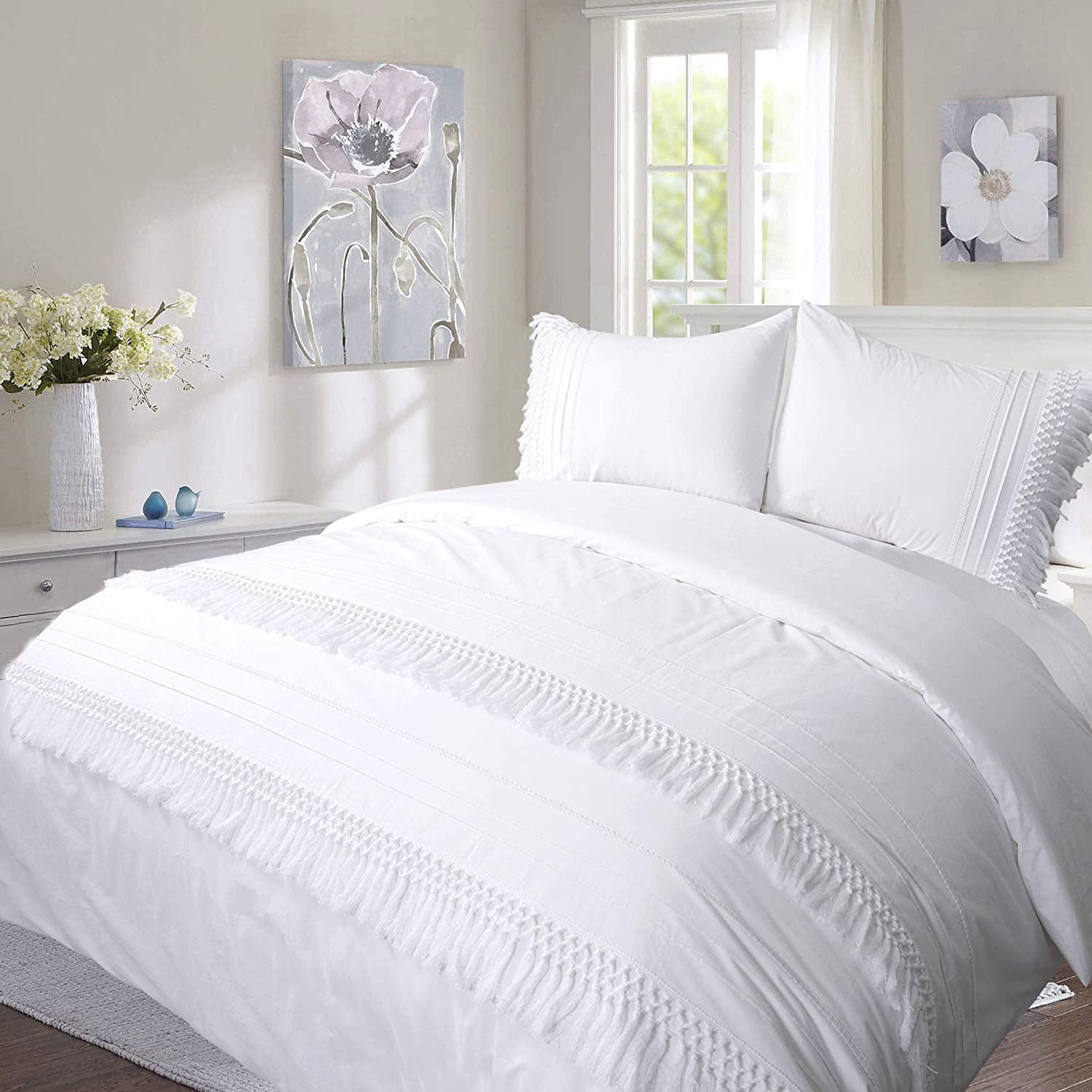 dxynlzq Tassel Duvet Cover Set Queen Fringed Boho Macrame Crochet Ivory ...