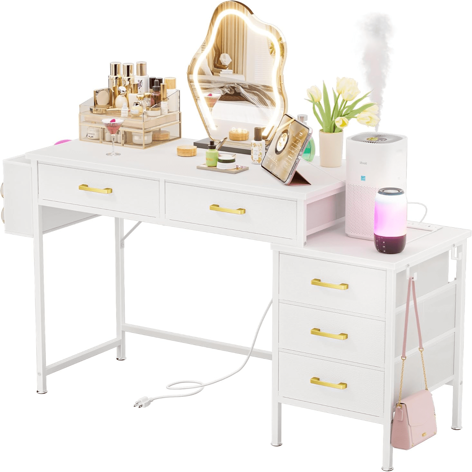 dxynlzq Vanity without Mirror Makeup Vanity with 5 Fabric Drawers ...