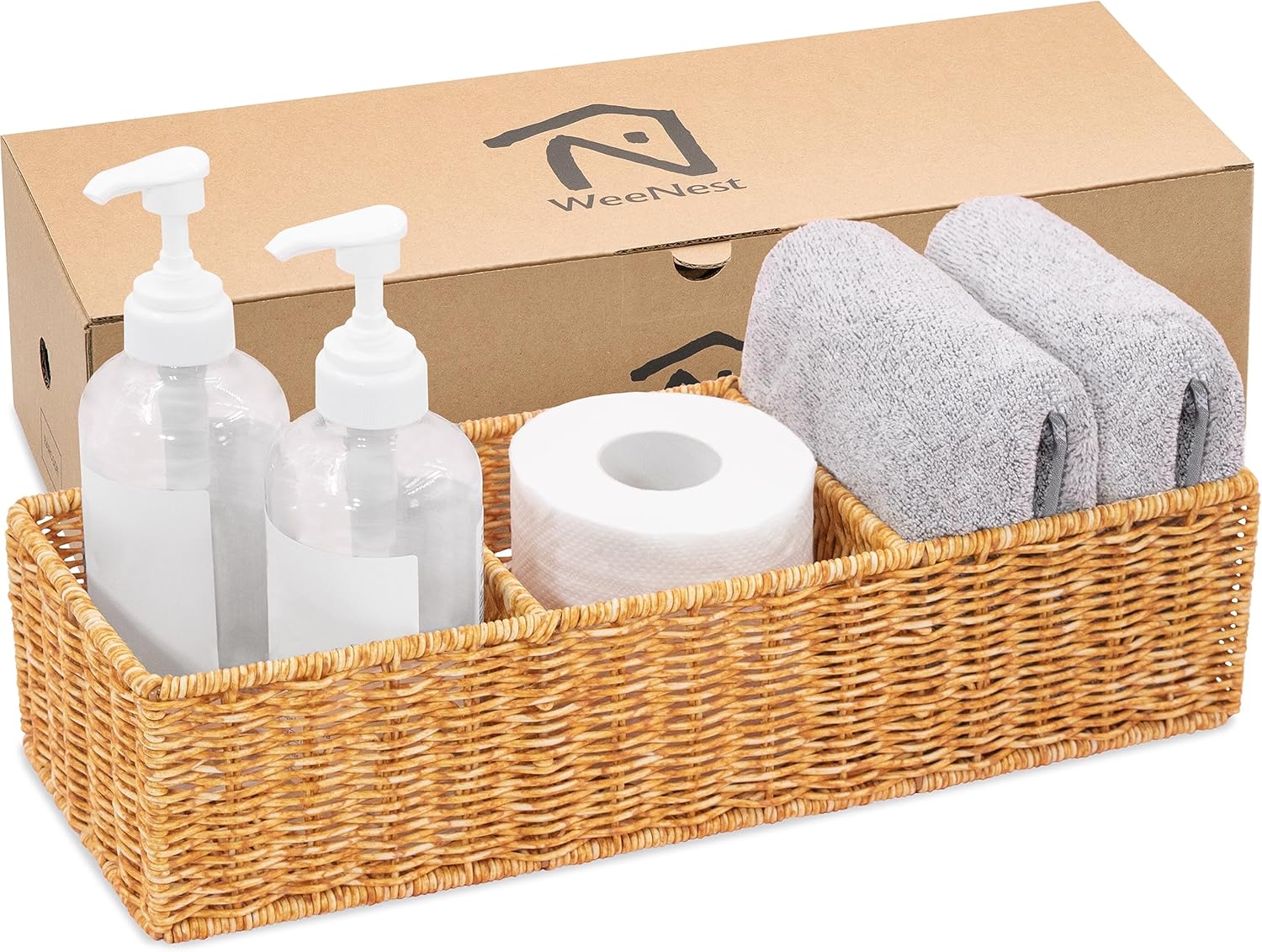 dxynlzq Wicker Basket with 3 Compartments Toilet Paper Holder Storage ...