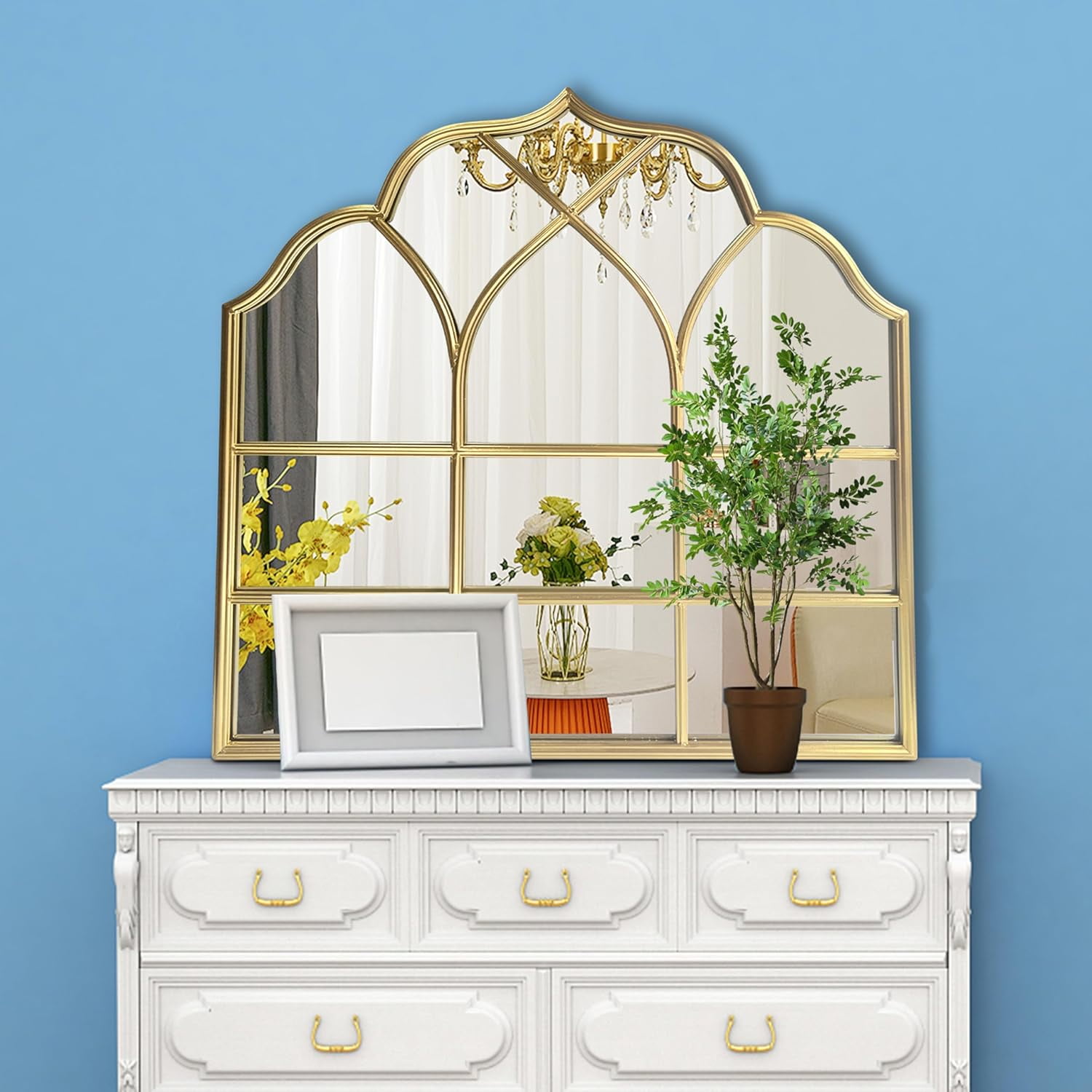 dxynlzq Window Mirror Pane Black Metal Frame Cathedral Arched Wall ...