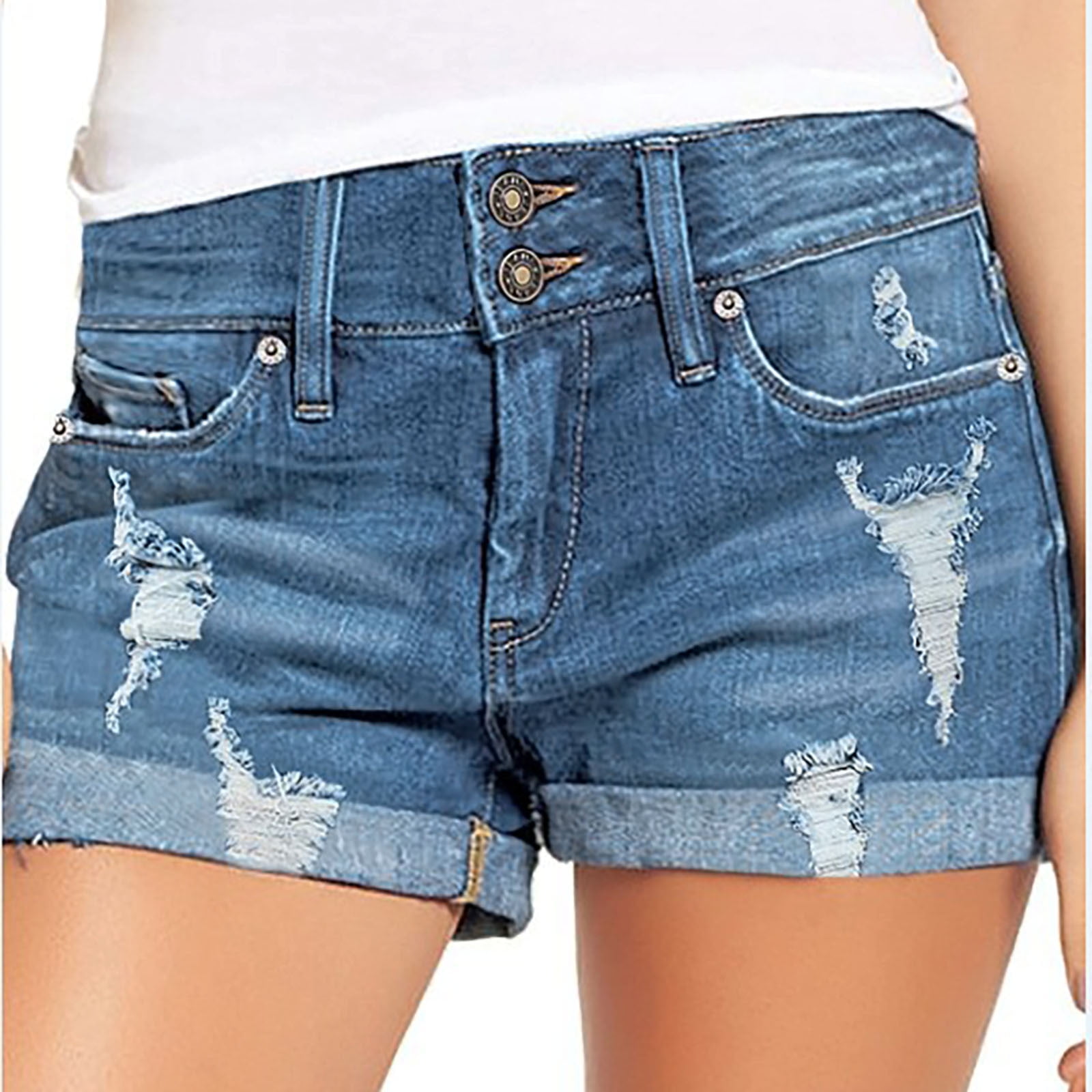 dzxyzu Women's Denim Button Zipper Short Summer Mid Waist Stretchy ...
