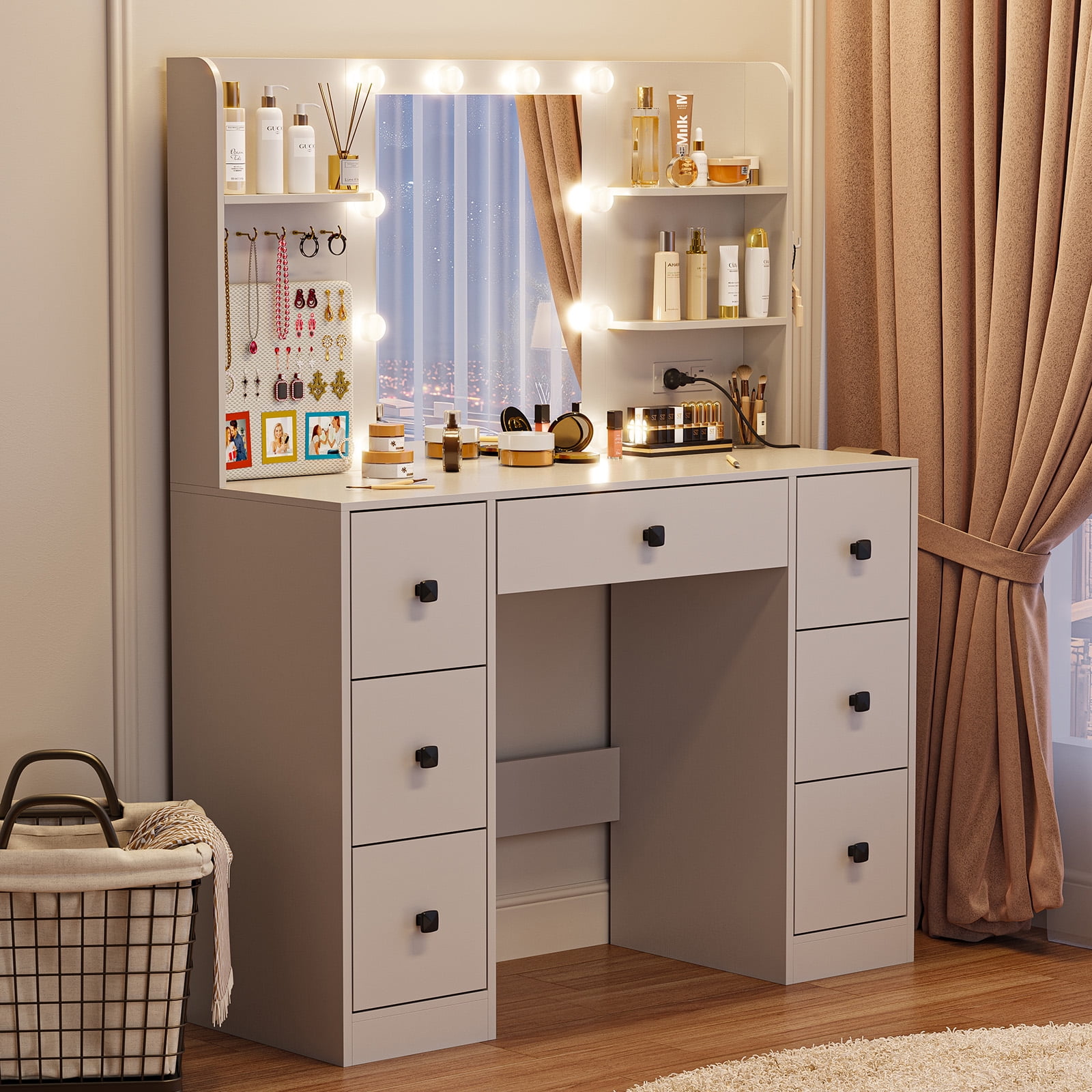 eChamp Makeup Vanity Desk with 3 Color Lights and Mirror,Dressing Vanity Table 7 Drawers ...