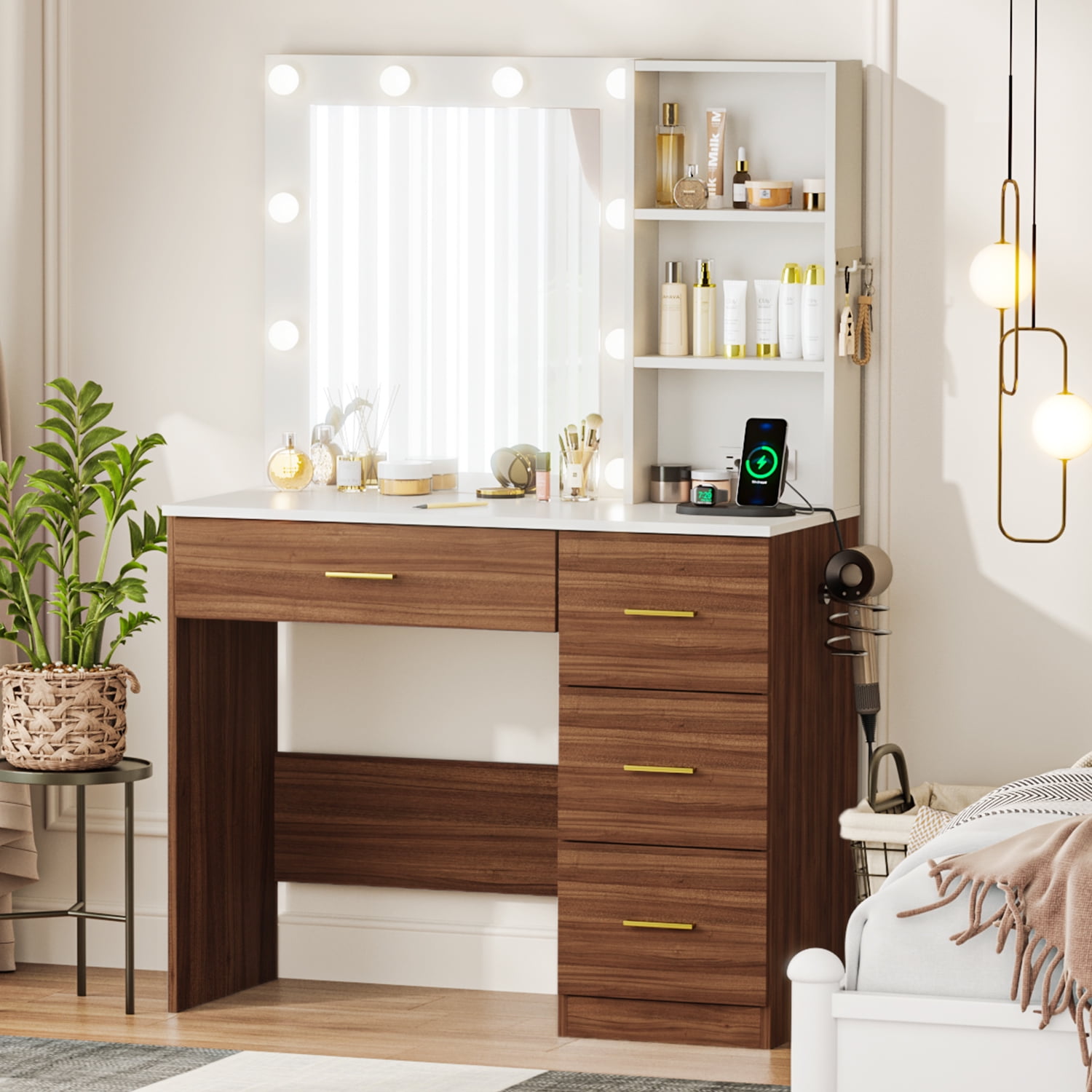 eChamp Vanity Desk with 3 Color Lights and Mirror Makeup Dressing Table with 4 Drawers,Charging ...