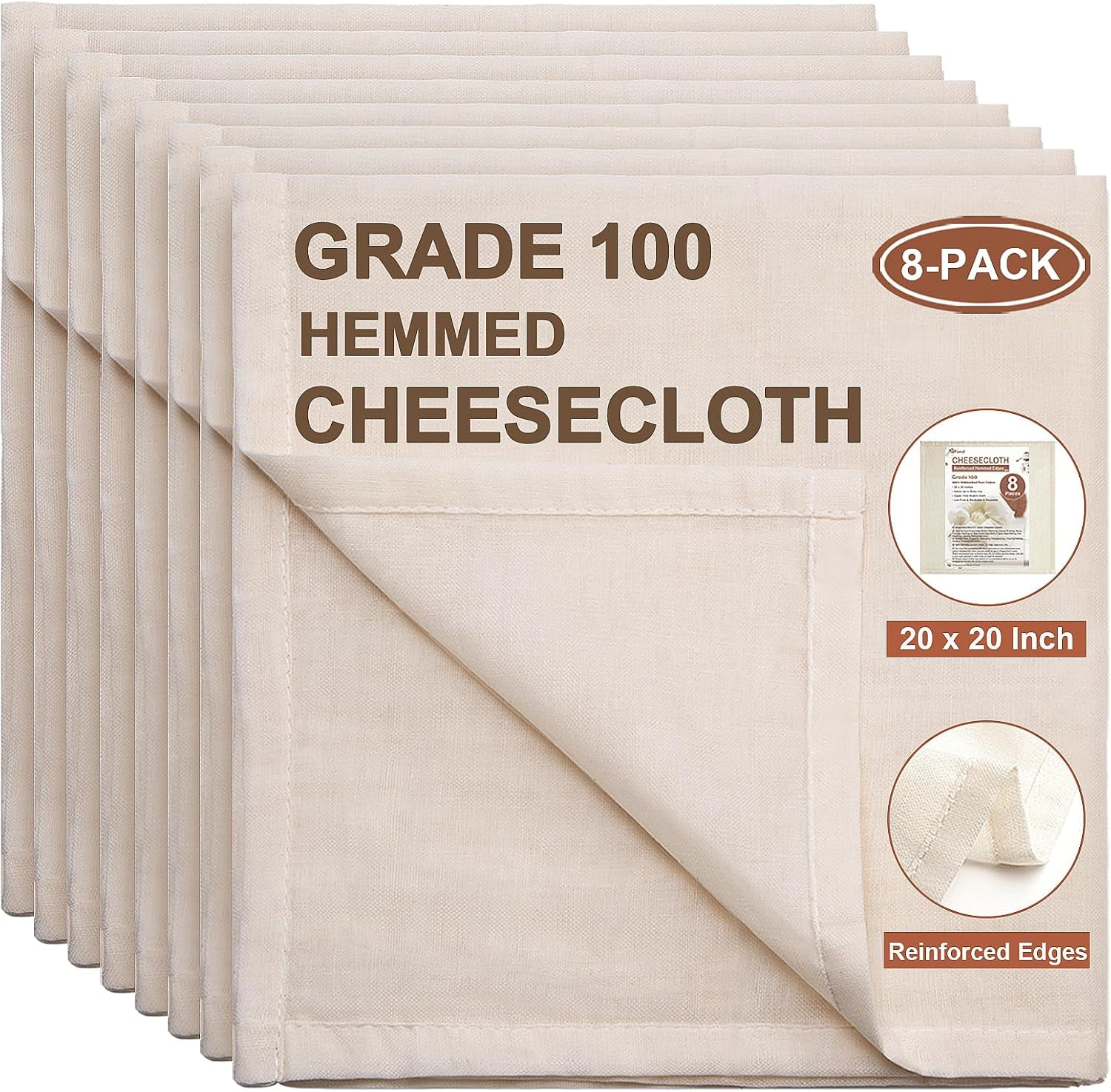 eFond Cheese Cloths, 8-Pack 20x20 Inch Hemmed Edged Unbleached Cotton ...