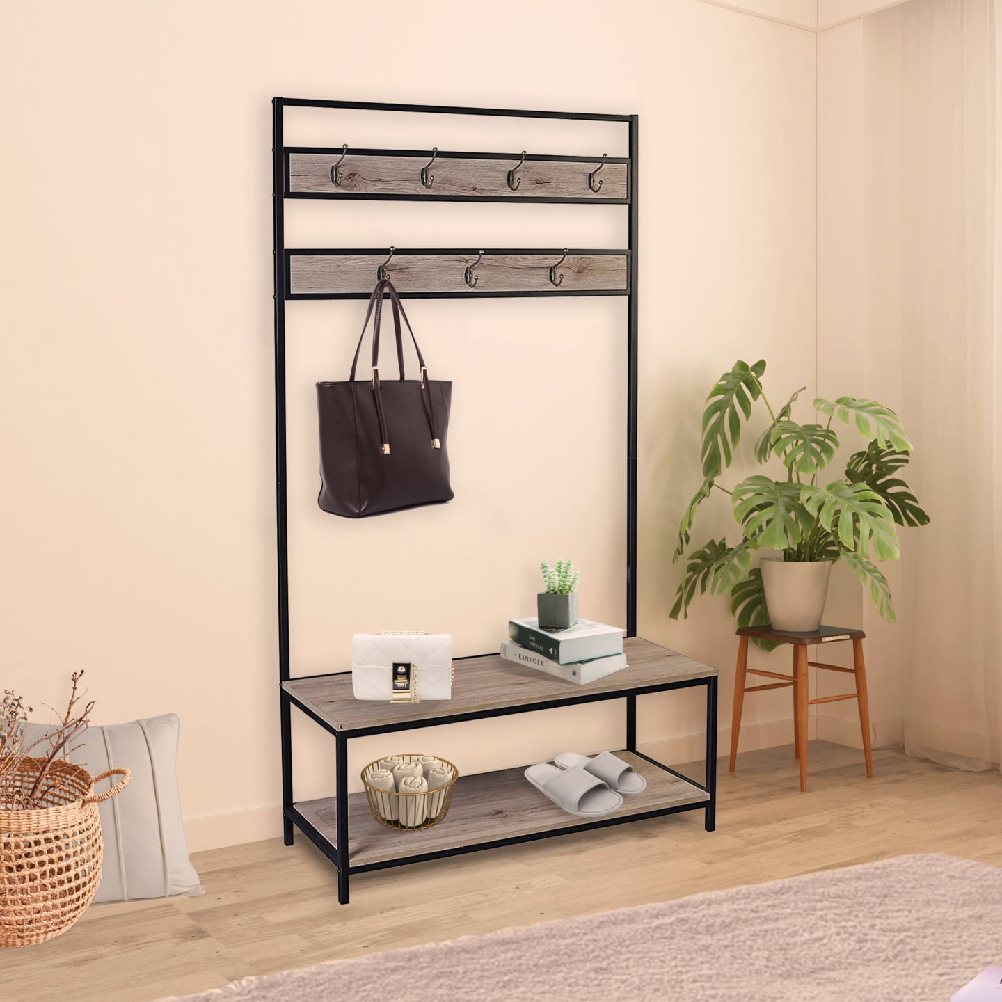 eHemco Entryway Organizer, Metal/Wood Hall Tree, Coat Rack, Storage ...