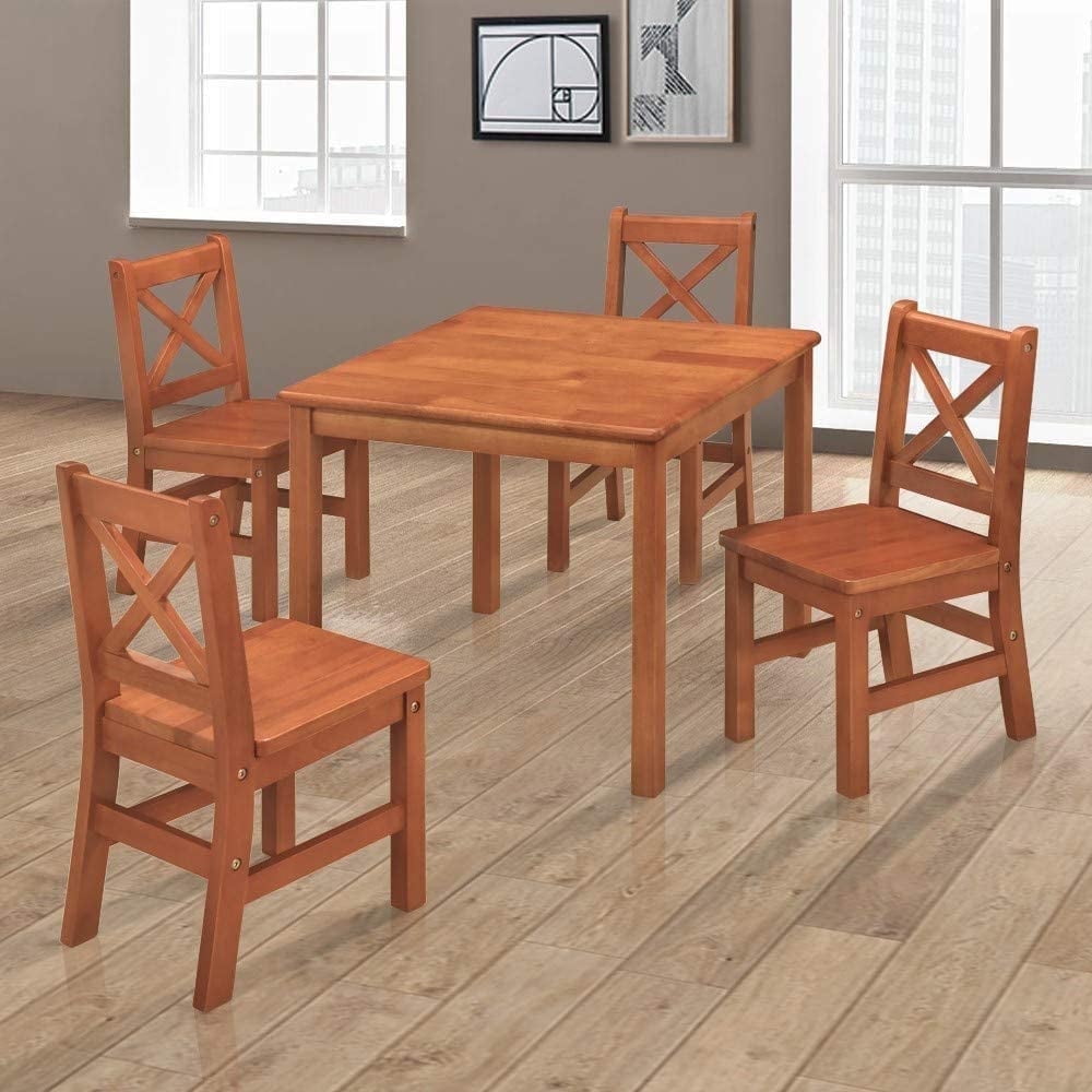 eHemco 5-Piece Set Solid Hard Wood Kids Table & X-Back Chairs, Dark Oak ...