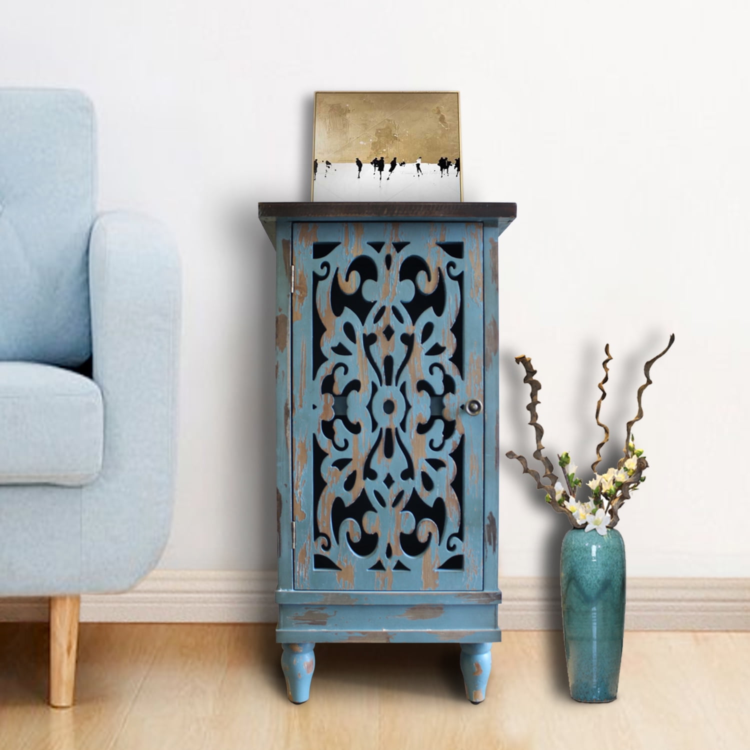 eHemco Wooden Rustic Dual Storage Shelf Rectangle End Table with Carved ...