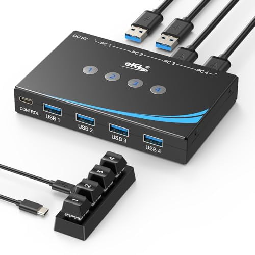 eKL USB 3.0 Switch 4 Computers Sharing USB Peripherals, 4 Port USB Switcher Sharing Mouse ...