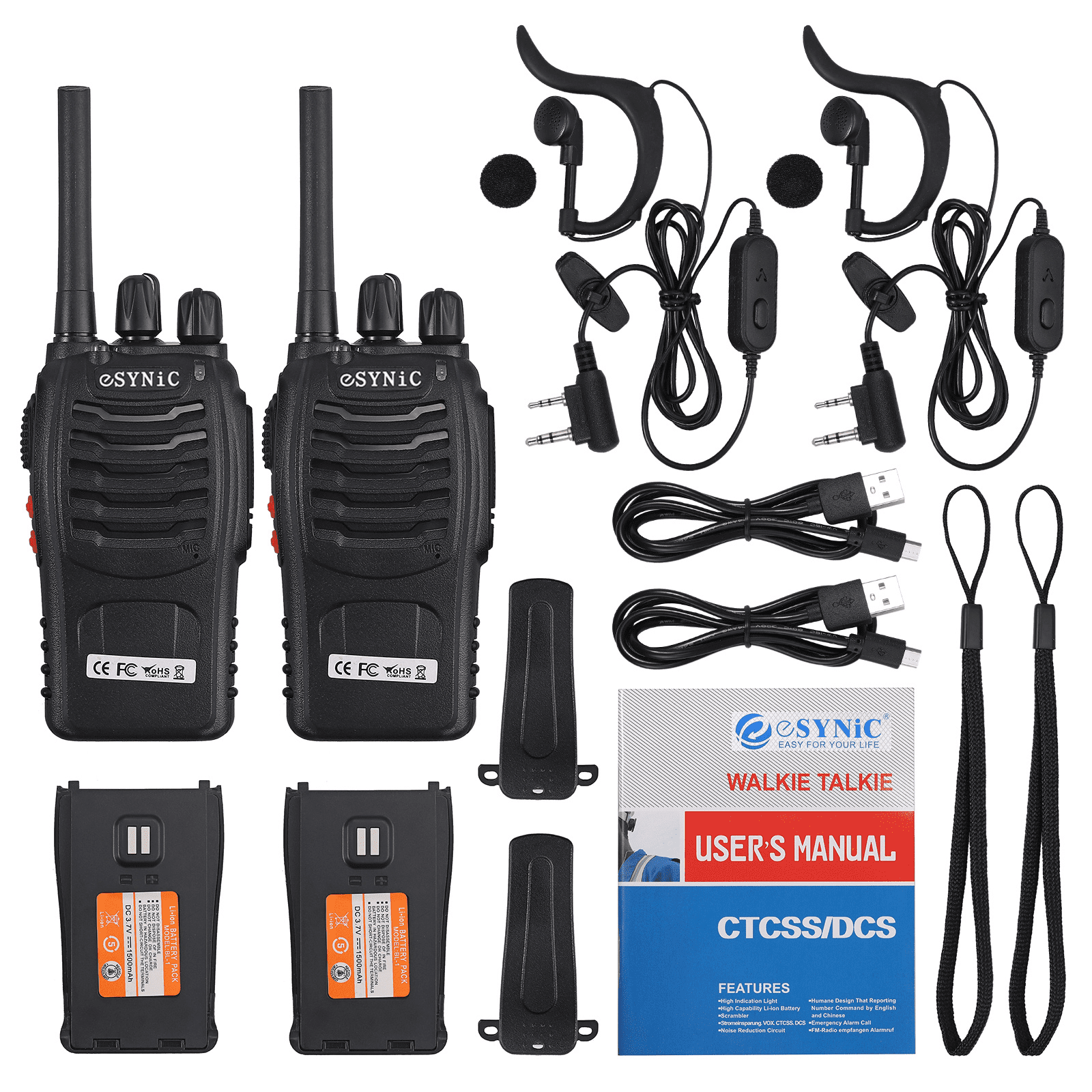 eSynic 2Pack Professional Walkie Talkies for Adult Rechargeable Walkie ...