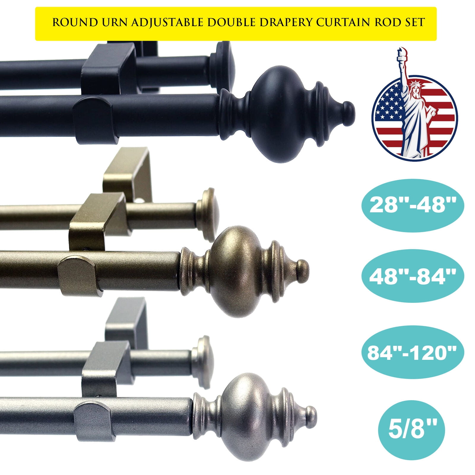 "eTeckram Double Drapery Curtain Rod Set with Round Urn Finials ...