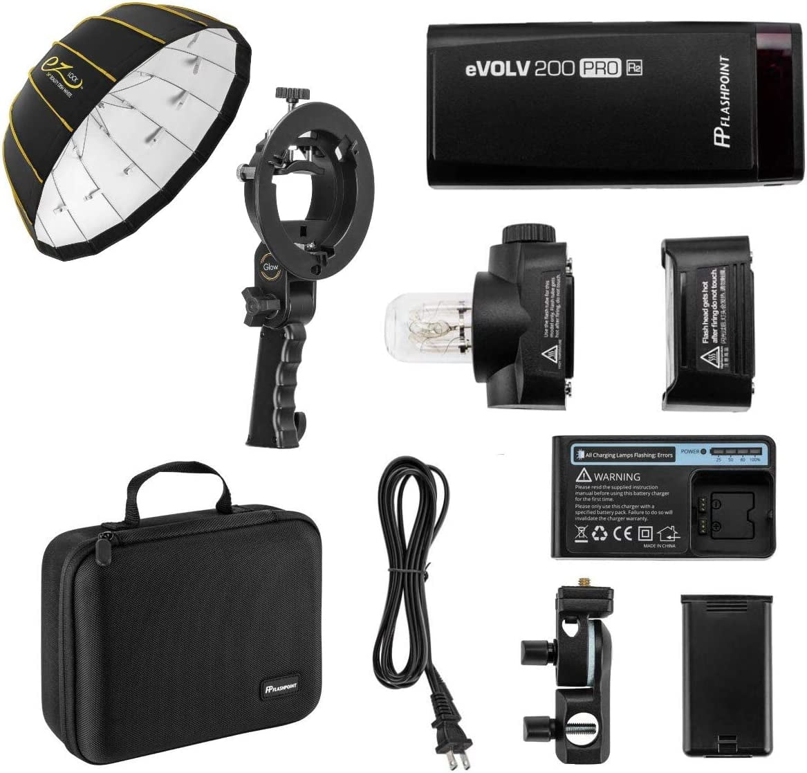 eVOLV 200 Pro TTL Pocket Flash Kit with Glow EZ Lock 34" Silver Beauty Dish and S-Type Bowens ...
