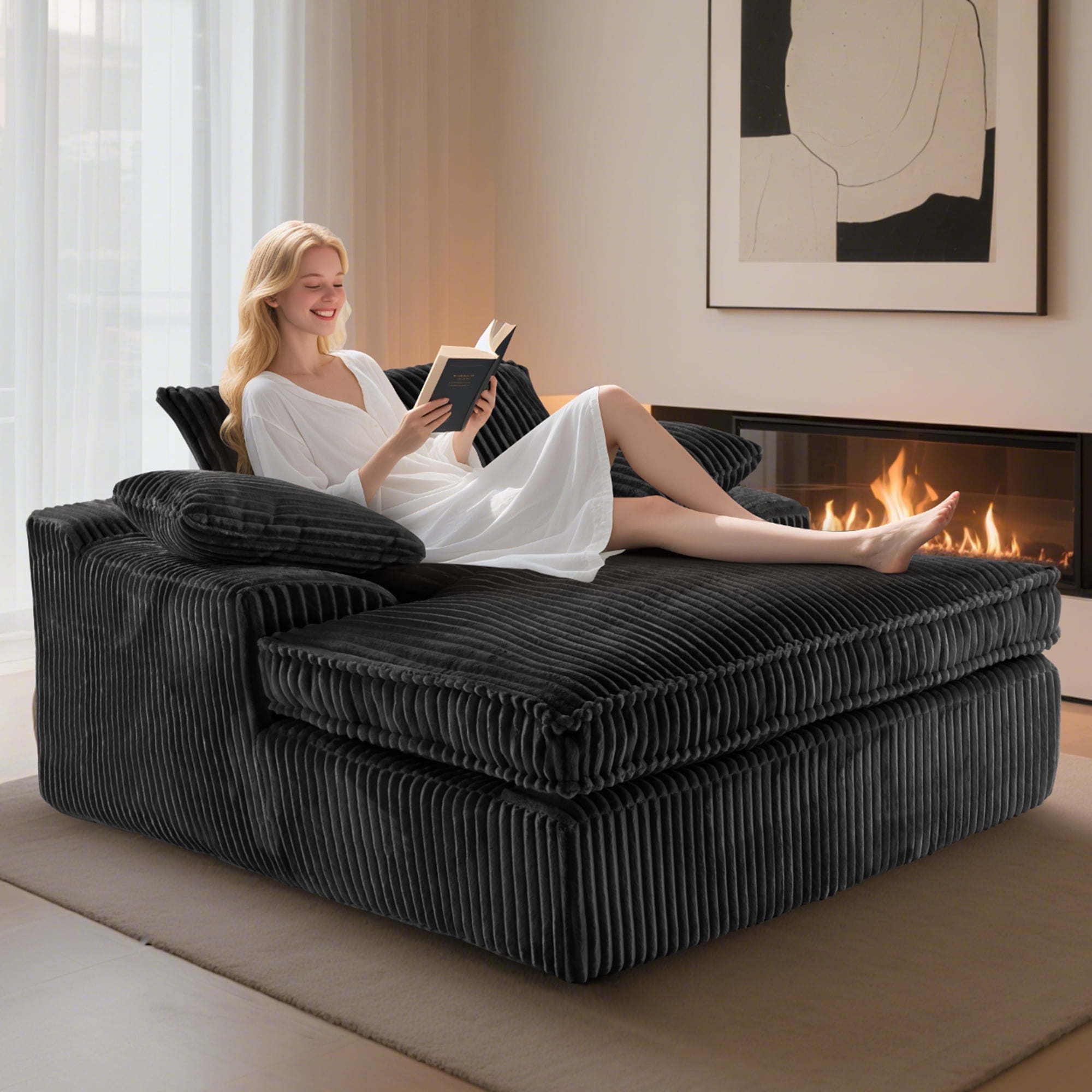 eVita 67'' Black Chaise Lounge Chair Sofa Bed, Oversized Upholstered ...