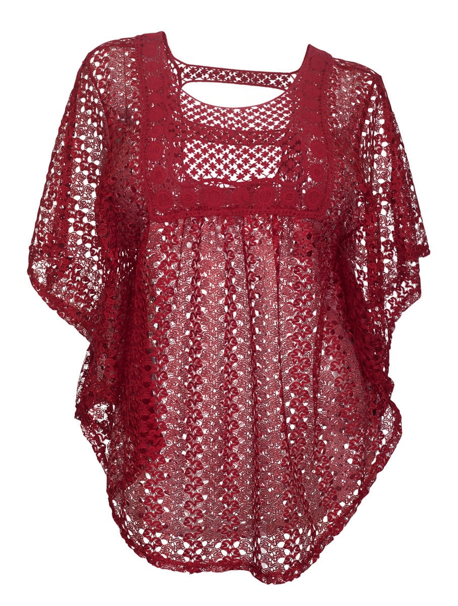 Evogues Plus Size Sheer Crochet Poncho Top Red