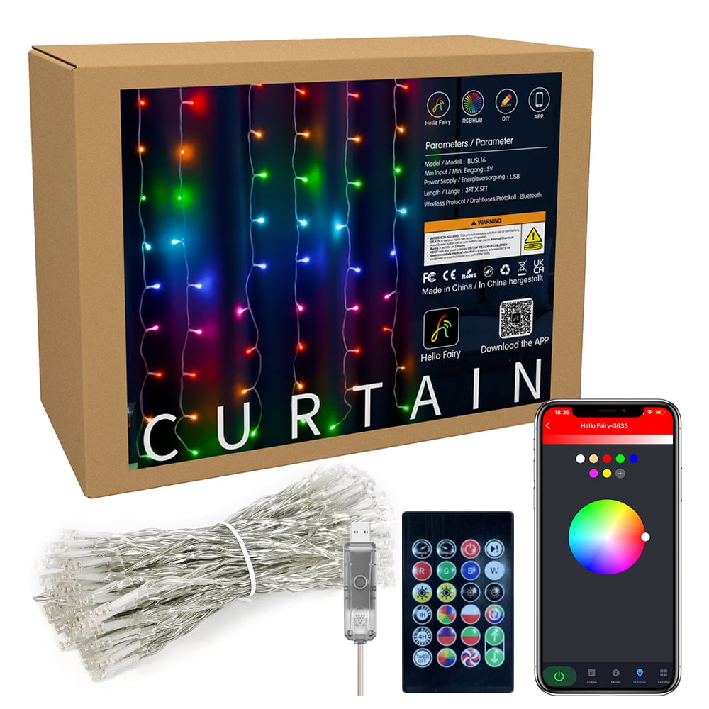 eXemptCares Dreamcolor Curtain String Lights 96 LEDs 3 x 5 FT Hello ...