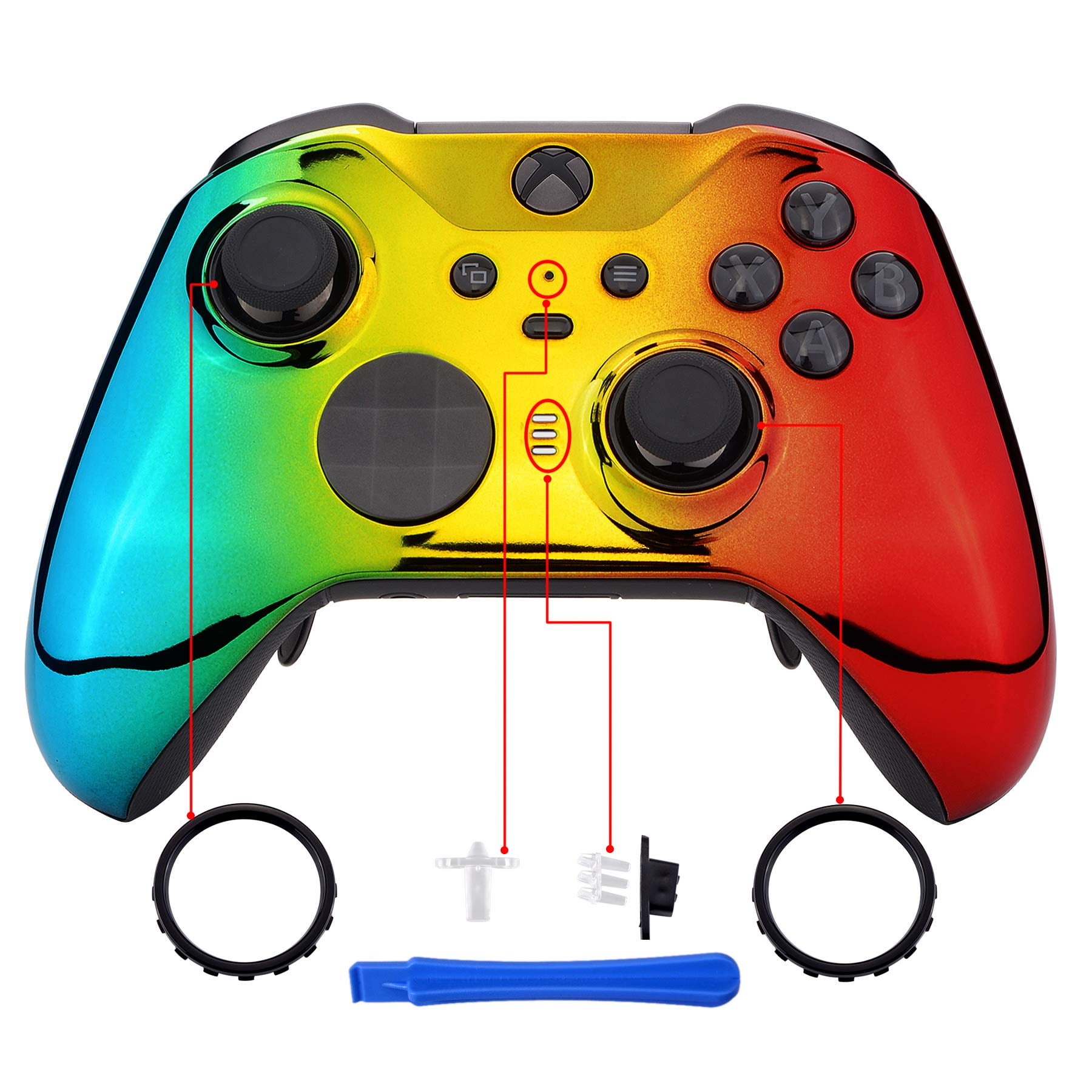 eXtremeRate Tri-Color Gradient Glossy Faceplate, Chrome Cyan Gold Red ...