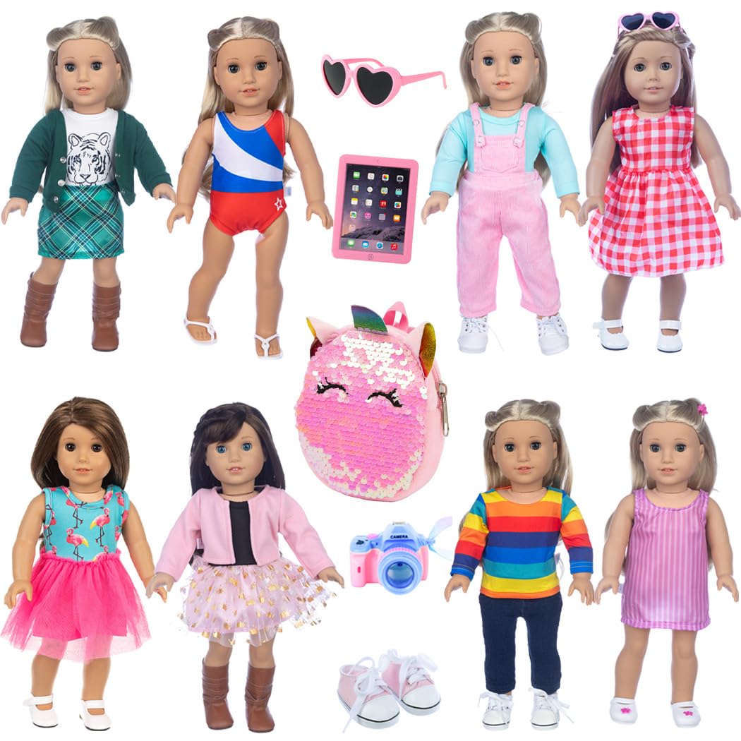 ebuddy 18 Inch Doll Clothes and Accessories 8 Sets Outfit with Shoes ...