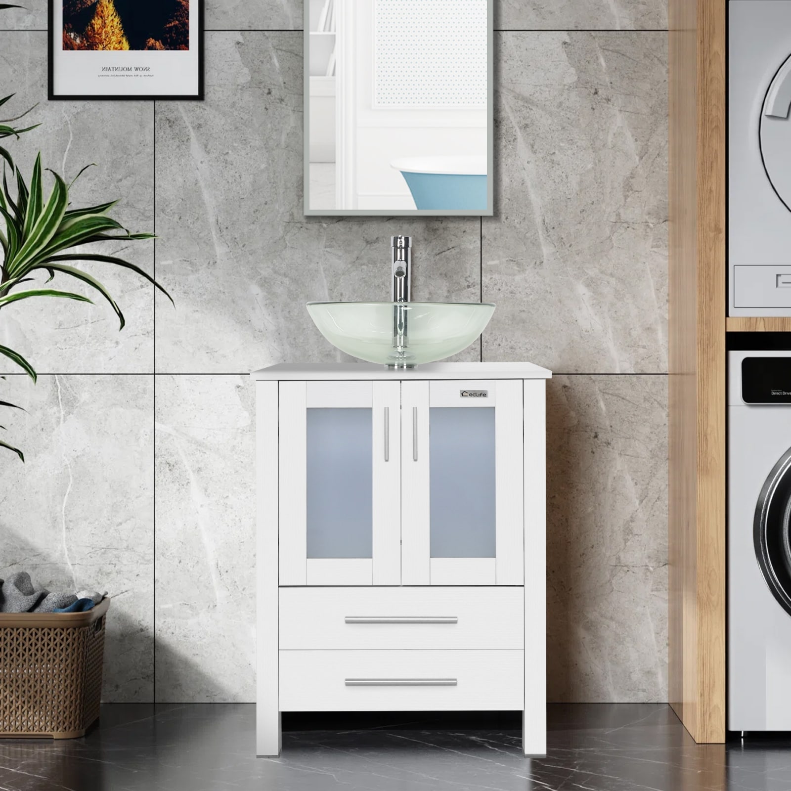 eclife 24" Bathroom Vanity White Set Glass/ Ceramic Vessel Sink Cabinet Faucet Drain Free ...