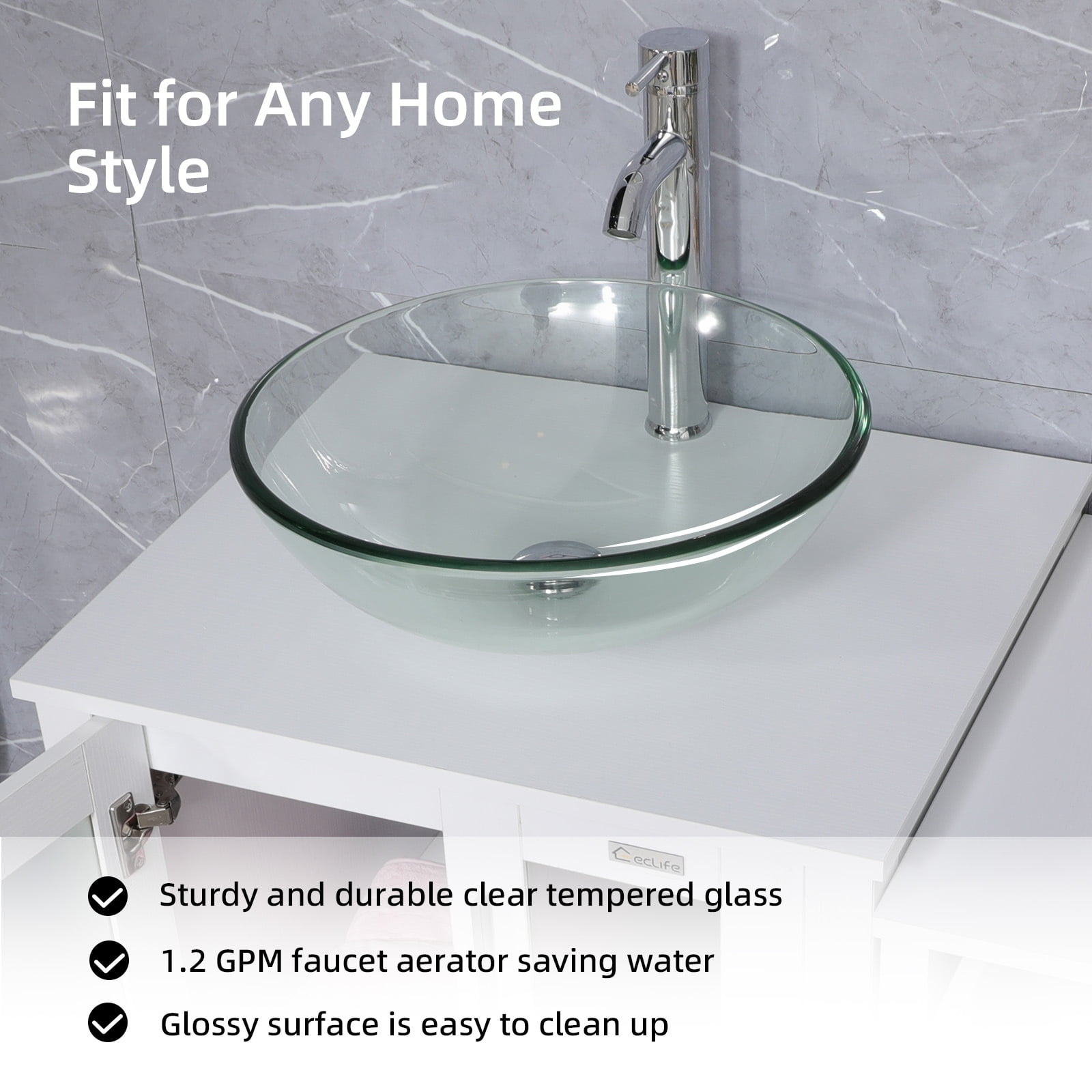 eclife 36" Bathroom Vanity Set Tempered Glass Ceramics Vessel Sink With ...