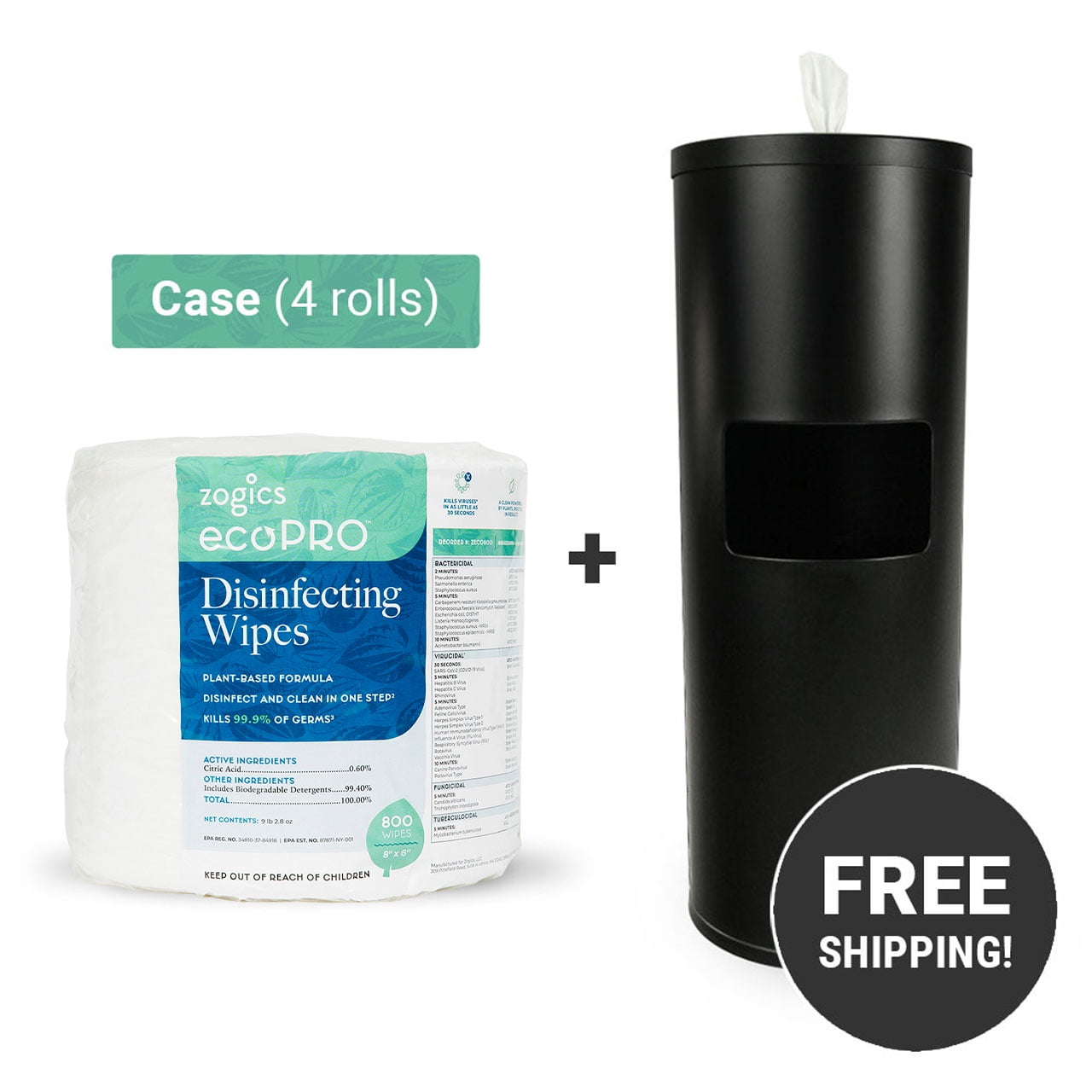 ecoPRO Plant-Based Disinfecting Wipes (4 rolls/case) + Floor Stand ...