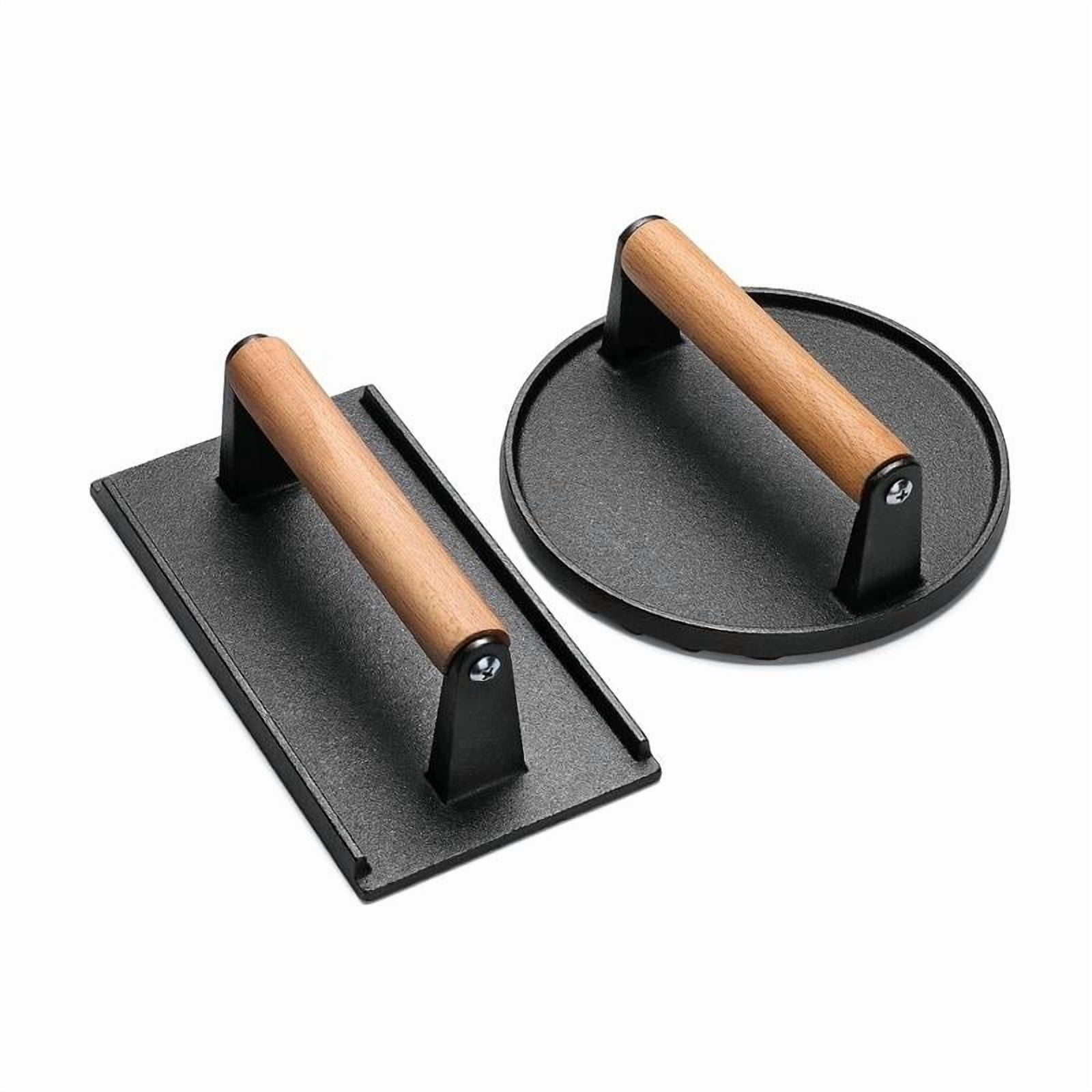 ectangle Heavy-Duty Cast Iron Smash Bacon Press Meat Steak with Wood ...