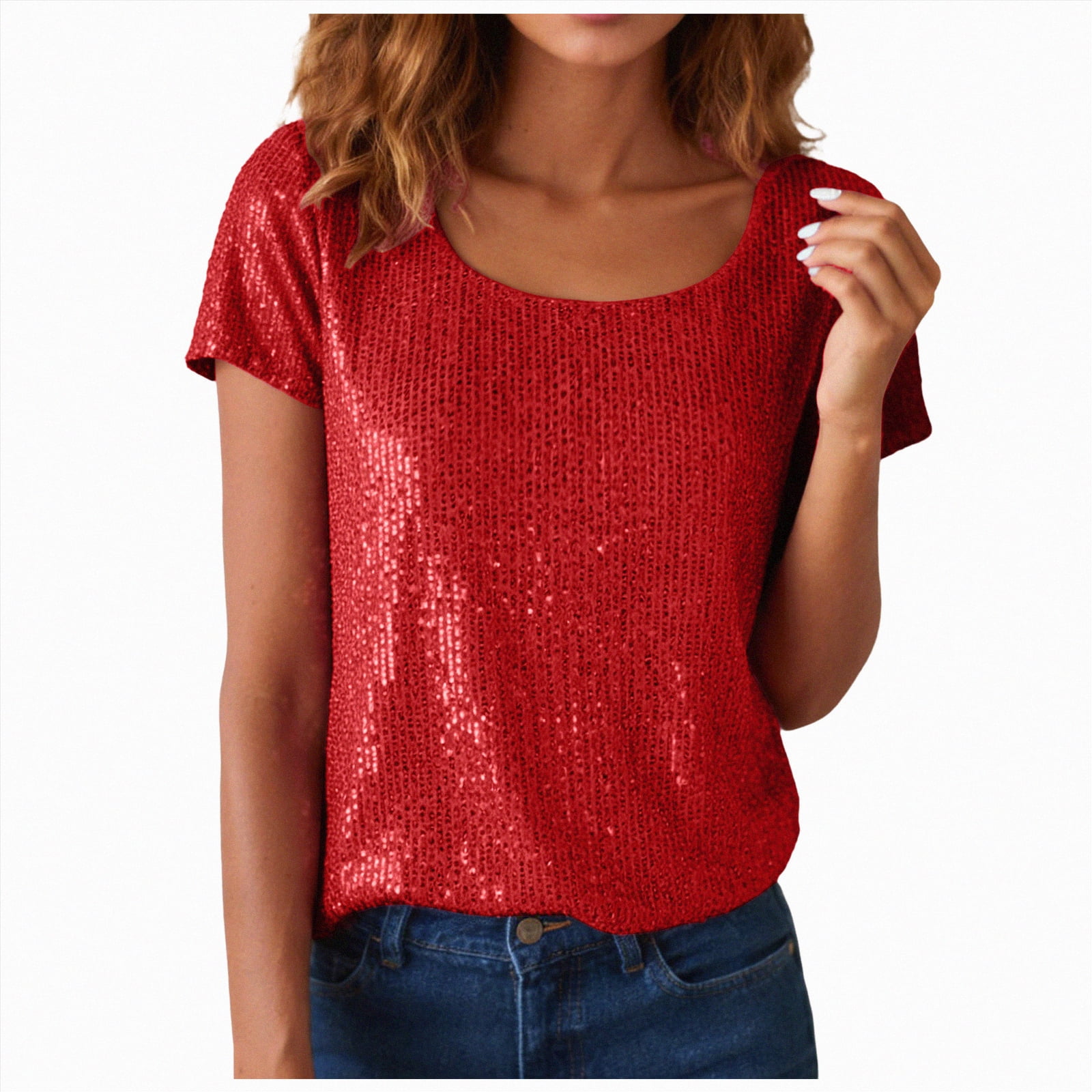 eczipvz Women Tops Women's Sparkly Sequin Top Short Sleeve Glitter ...