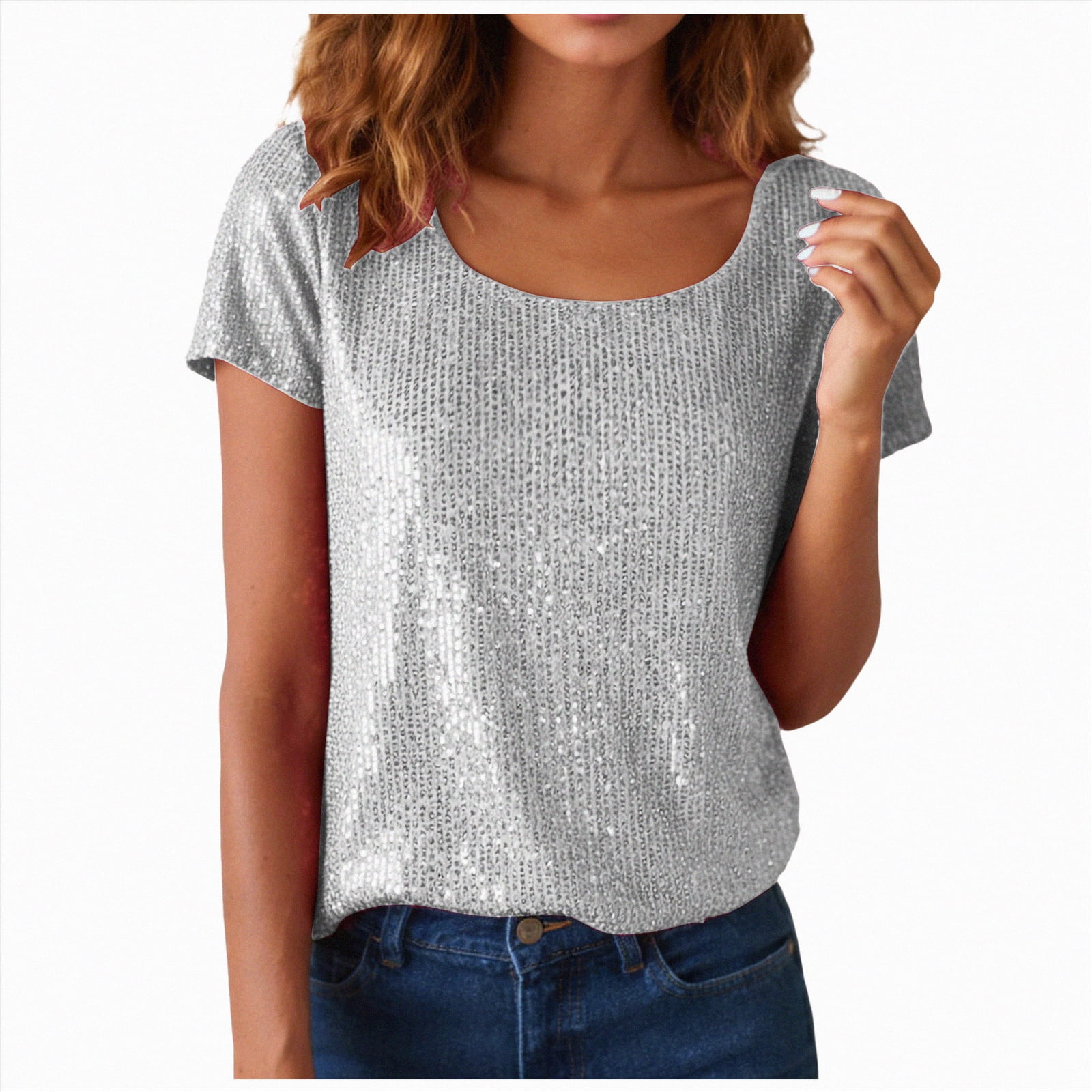 eczipvz Women Tops Women's Sparkly Sequin Top Short Sleeve Glitter ...