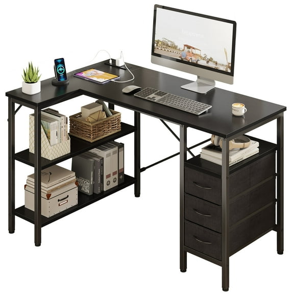 L Shaped Desk with Shelf Drawers 55 Inch, Black Corner Computer Desks ...