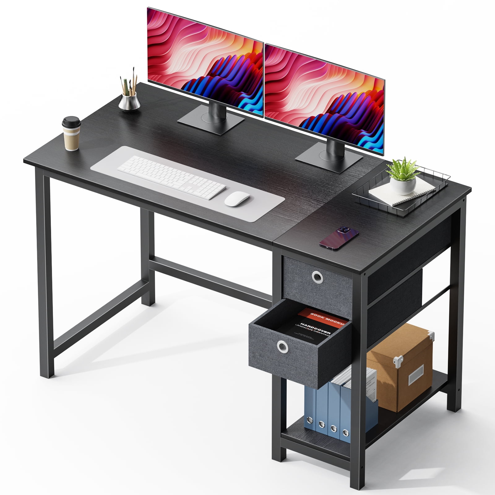 Edx 47 Inch Writing Desk with 2-Tier Drawers, Storage Shelf, Headphone ...