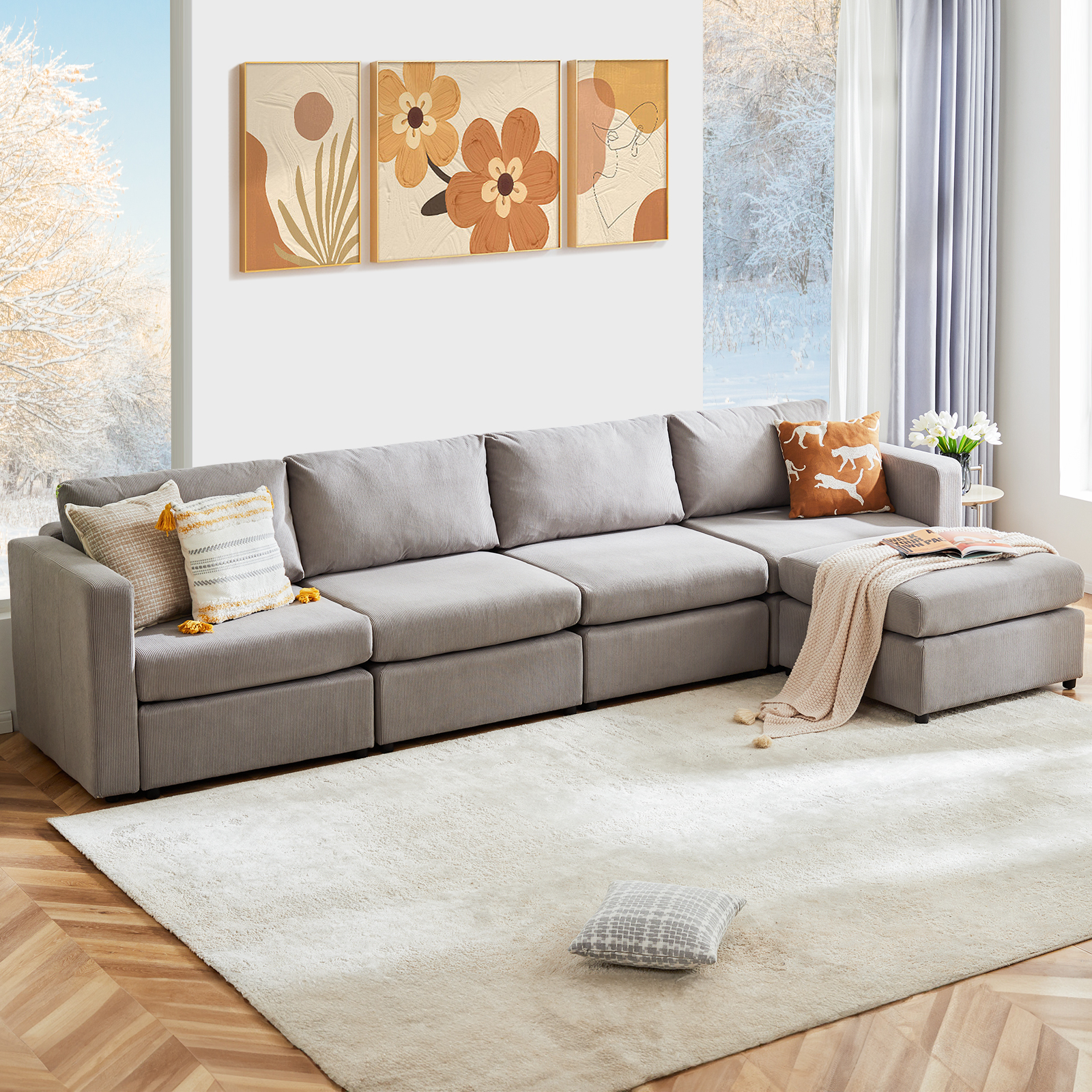 THINK 30, Beige,5 Seat,Modern Large L-Shape Feather Filled Sectional ...