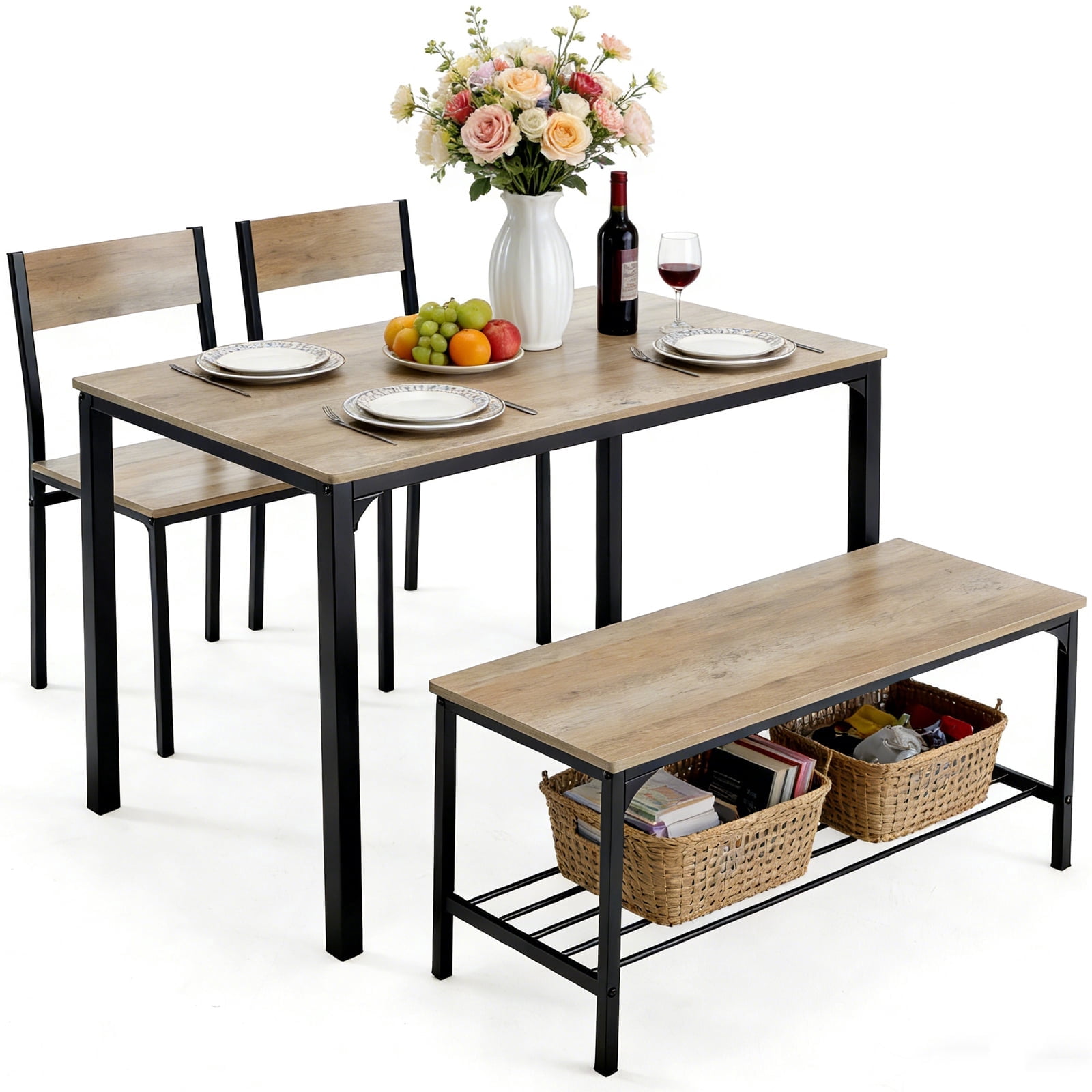 edx Dining Table and 2 Chairs for 4, Dining Bench with Metal Frame ...