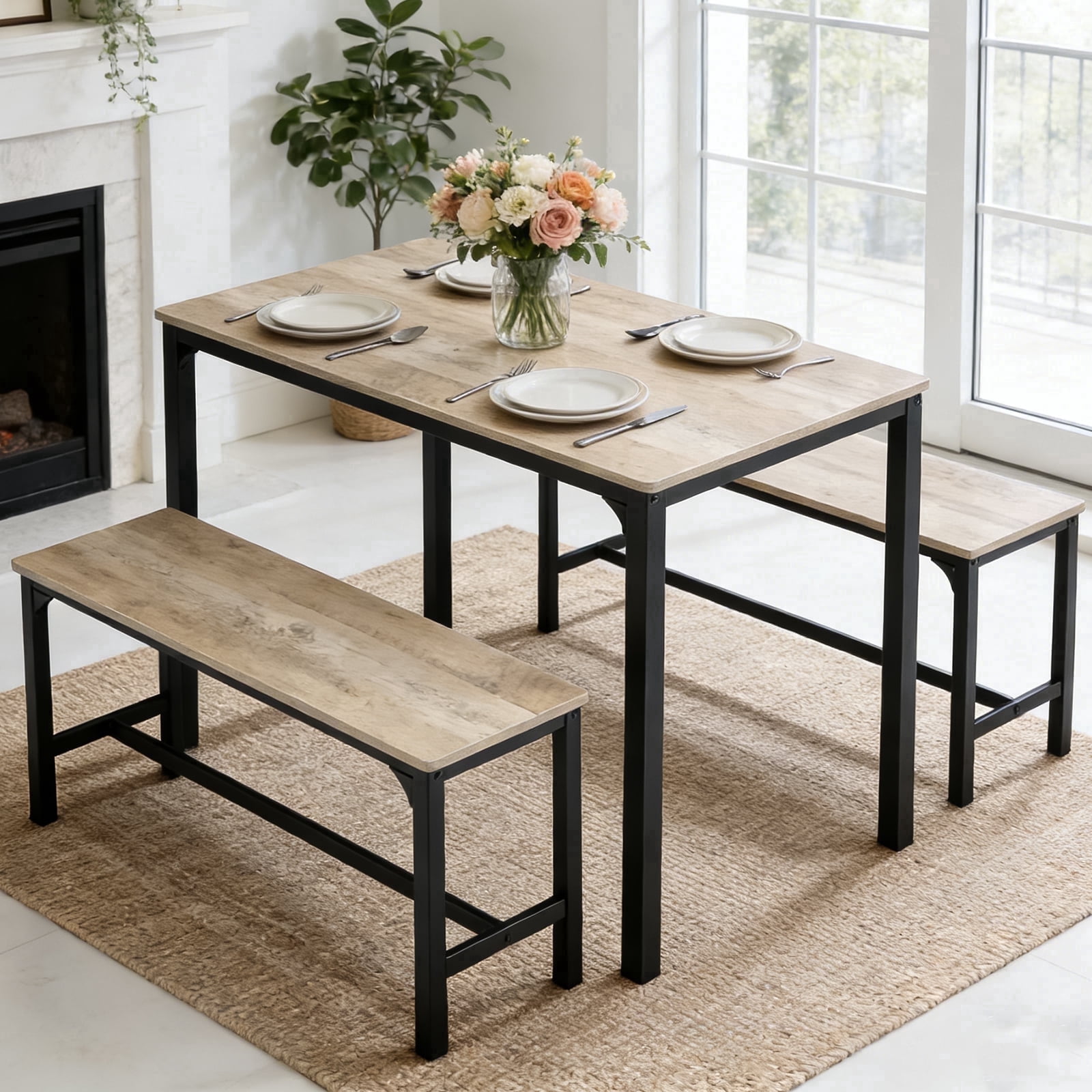 edx Dining Table Set for 4 with 2 Benches, Space-Saving Ideal 4-Person ...