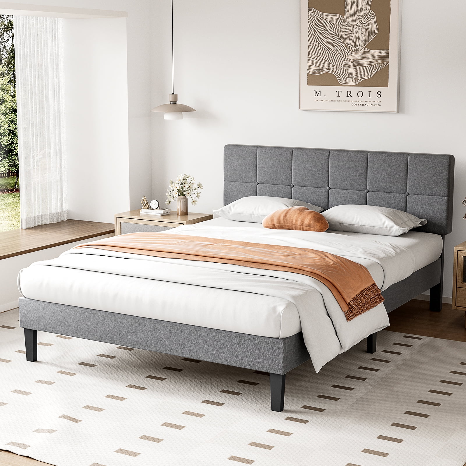 edx Full Size Platform Bed Frame with Upholstered Headboard, No Box ...