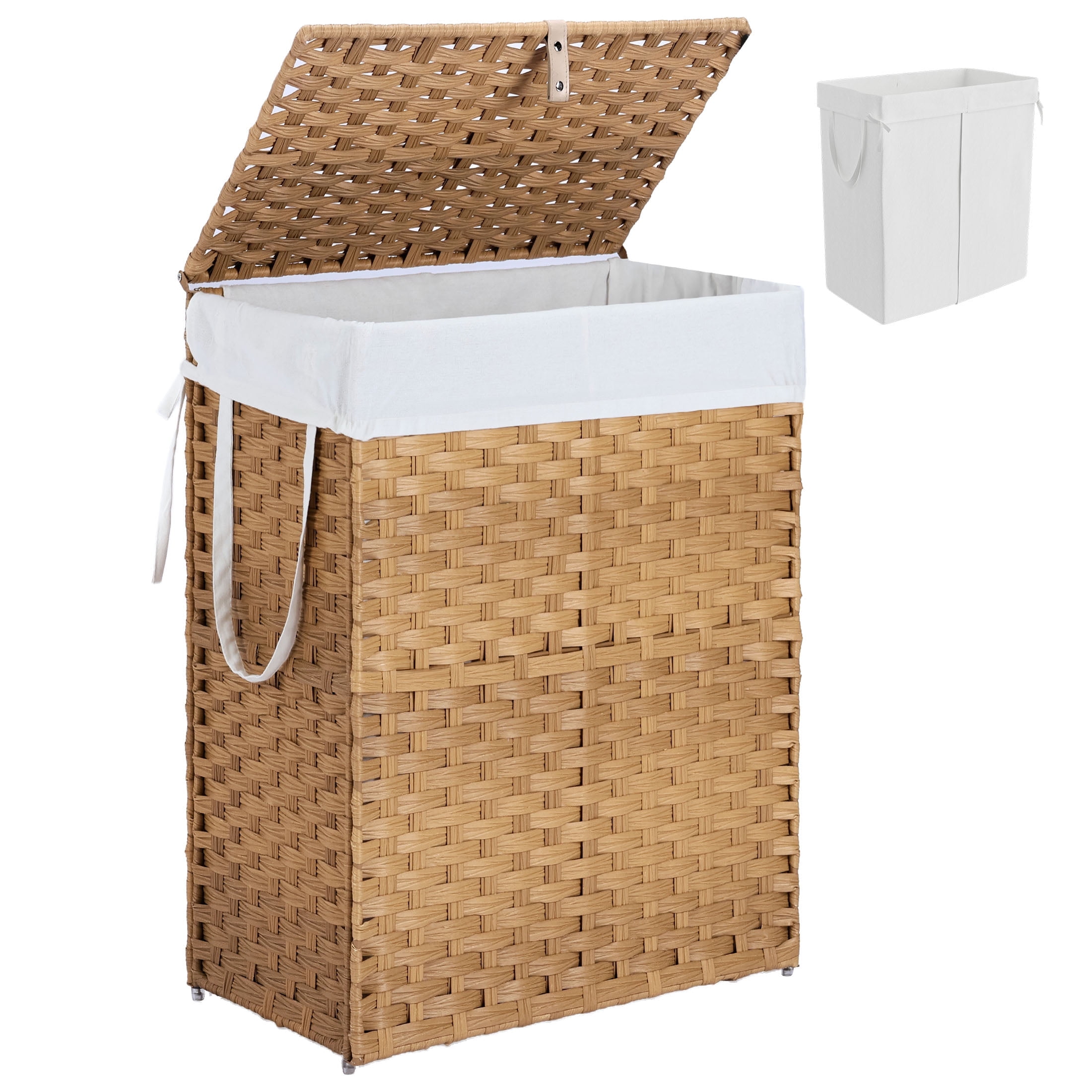 edx Laundry Basket with Lid, 90 L Hand-Woven PP Rattan Laundry Basket with Handle, Foldable ...