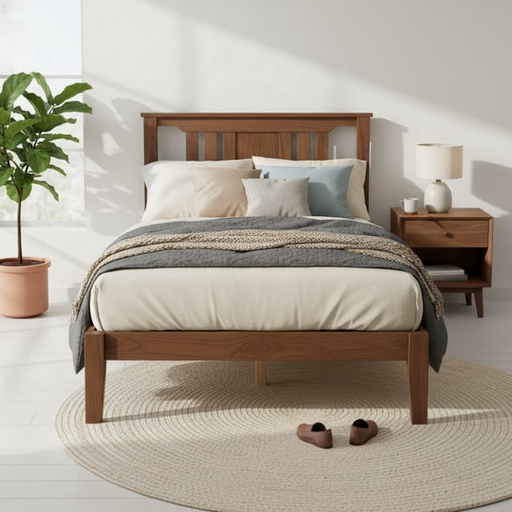 edx Mid Century Solid Wood Platform Bed with Headboard, Twin Size Bed ...