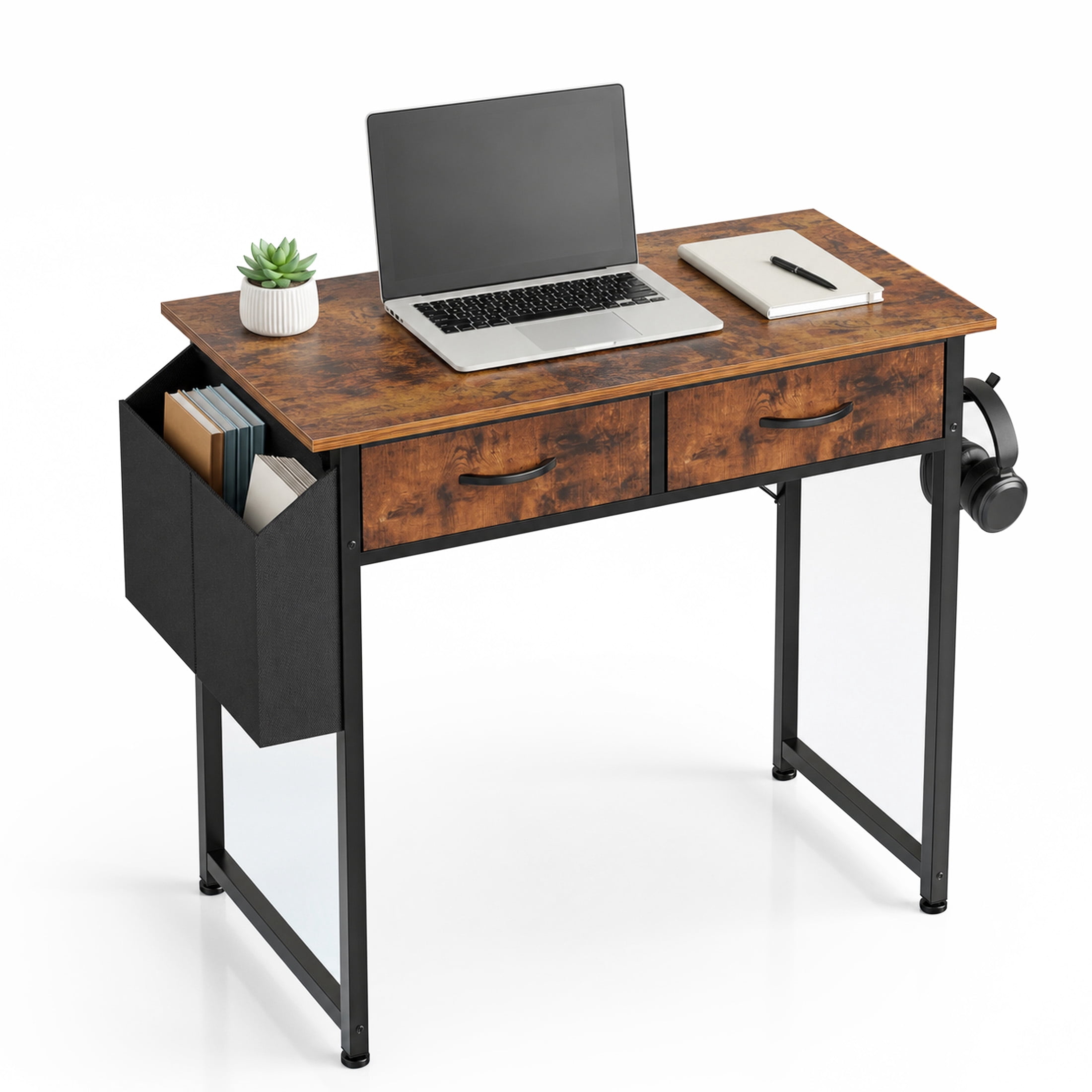 edx Small Desk with Fabric Drawers & Storage Bag Iron Hook, Home Office ...