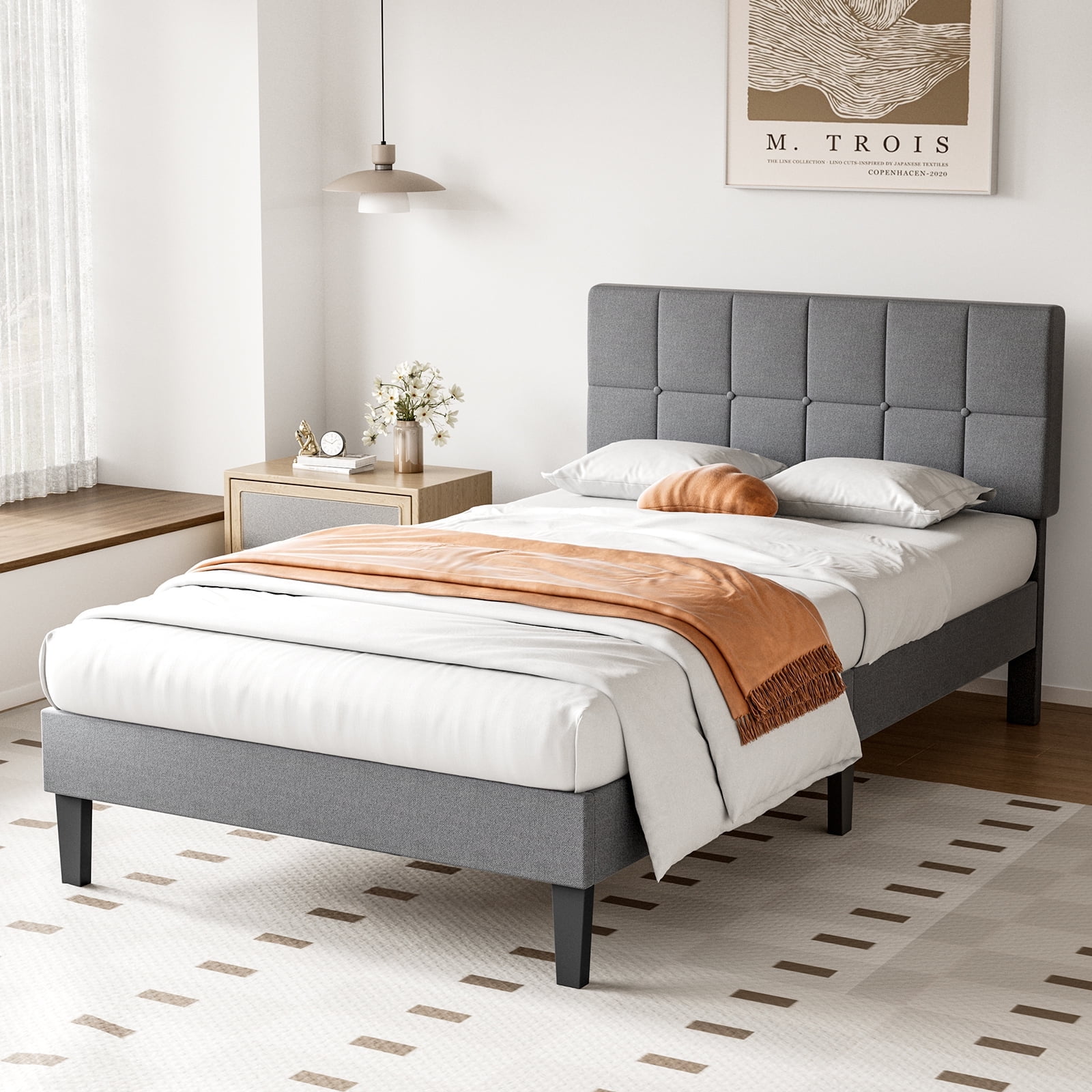 edx Twin Size Platform Bed Frame with Upholstered Headboard, No Box ...