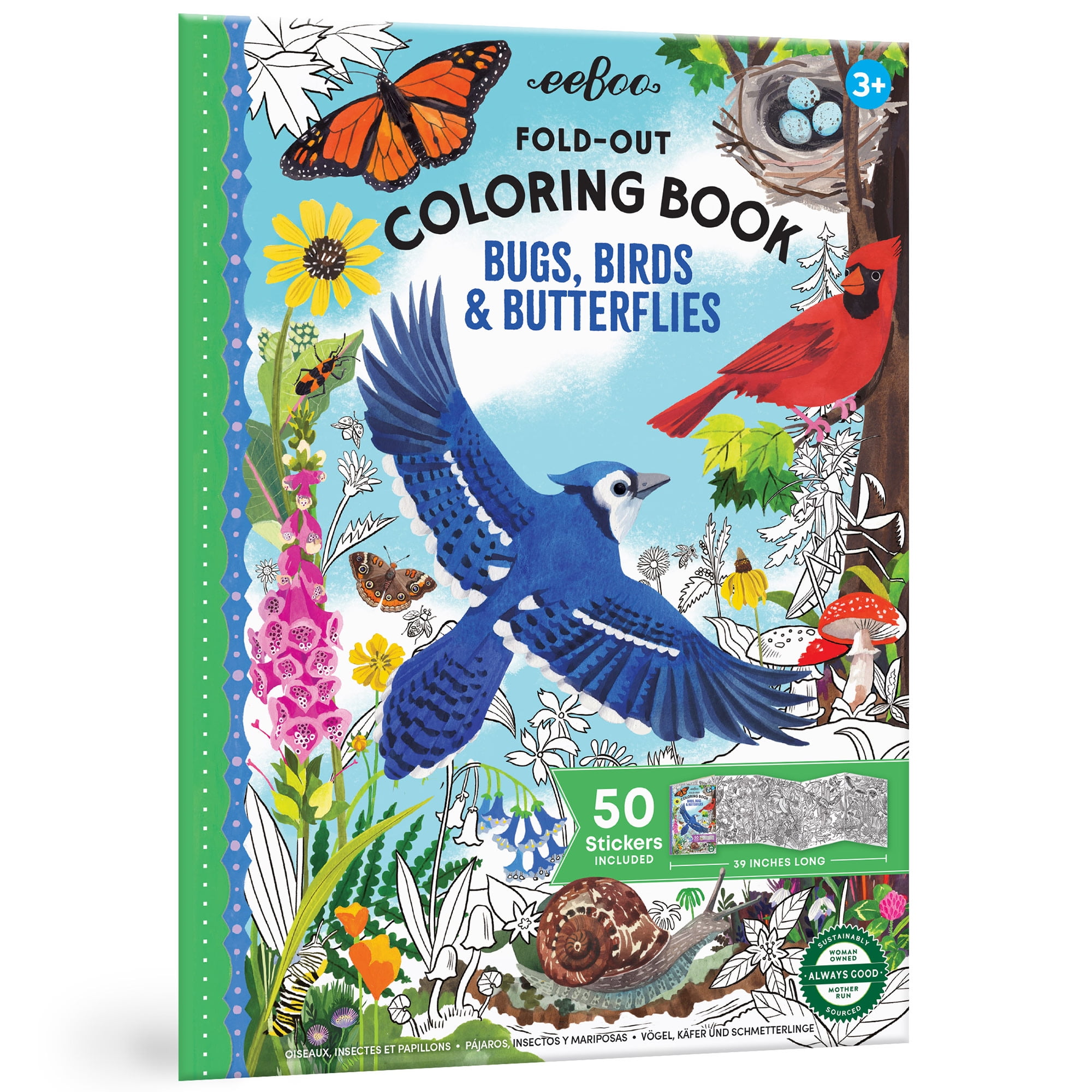 eeBoo: Fold-Out Coloring Book - Bugs, Birds & Butterflies - 50 Stickers ...