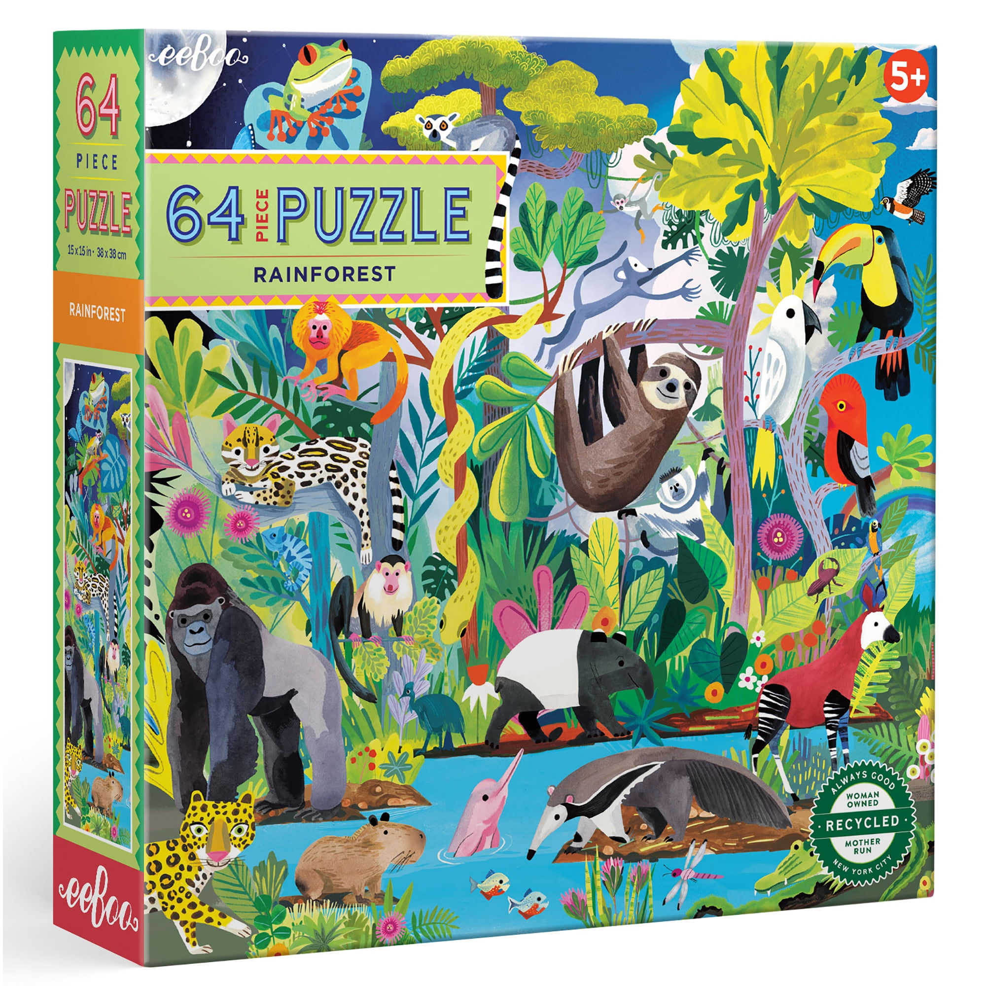 eeBoo: Rainforest - 64 Piece Puzzle - 15" x 15" Jigsaw, Vibrant Animal ...