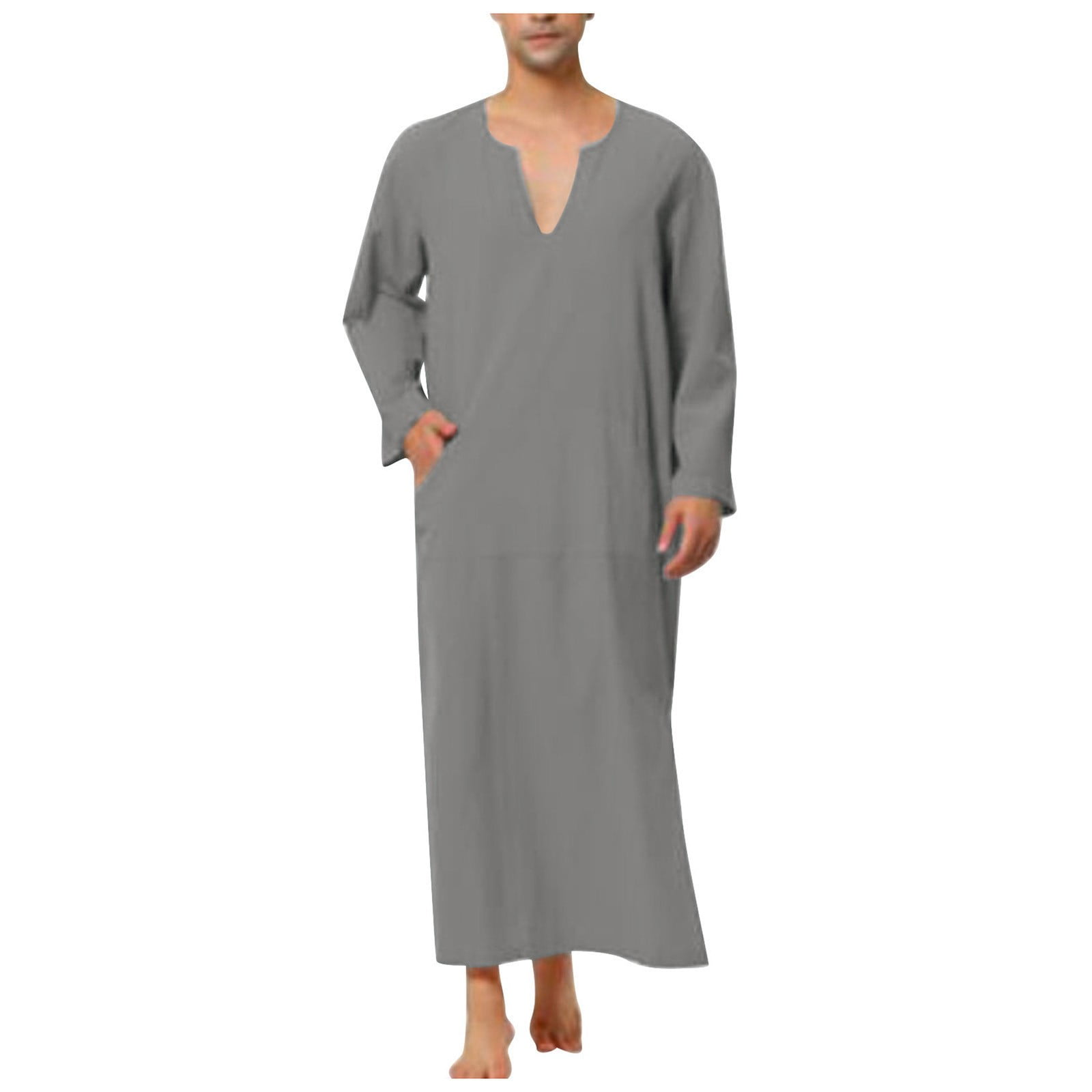 eileial Men's Kaftan Thobe Long Sleeve Men Thobe Robe Side Split Men ...