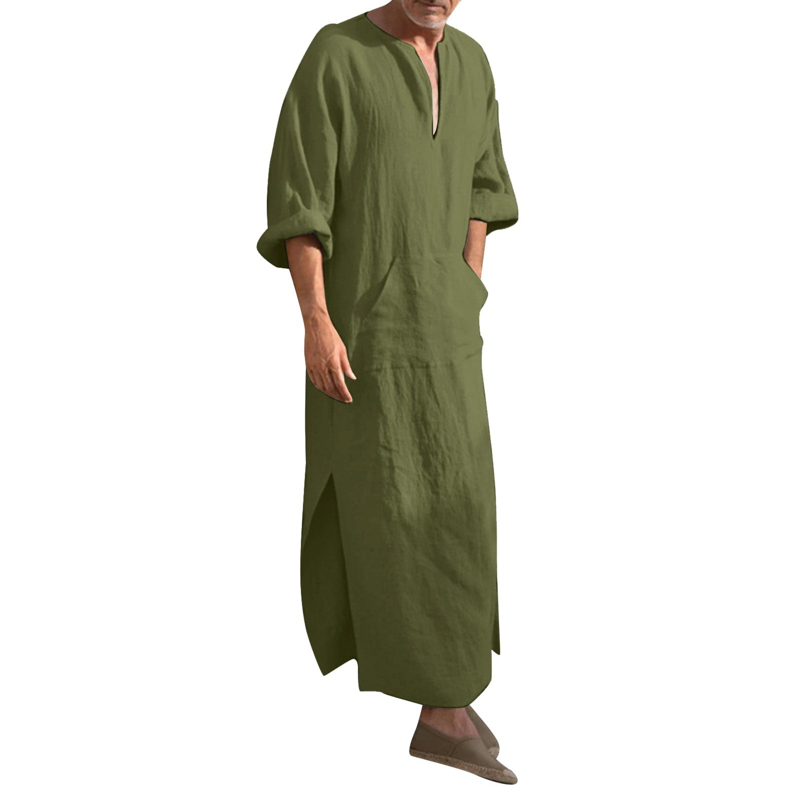eileial Men's Kaftan Thobe Long Sleeve Men Thobe Robe Side Split Men ...