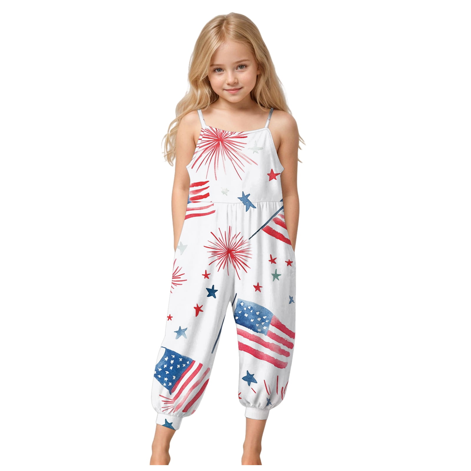 eileial Toddler Baby Girl 4th of July Jumpsuit Outfits American Flag Romper Sleeveless Spaghetti ...