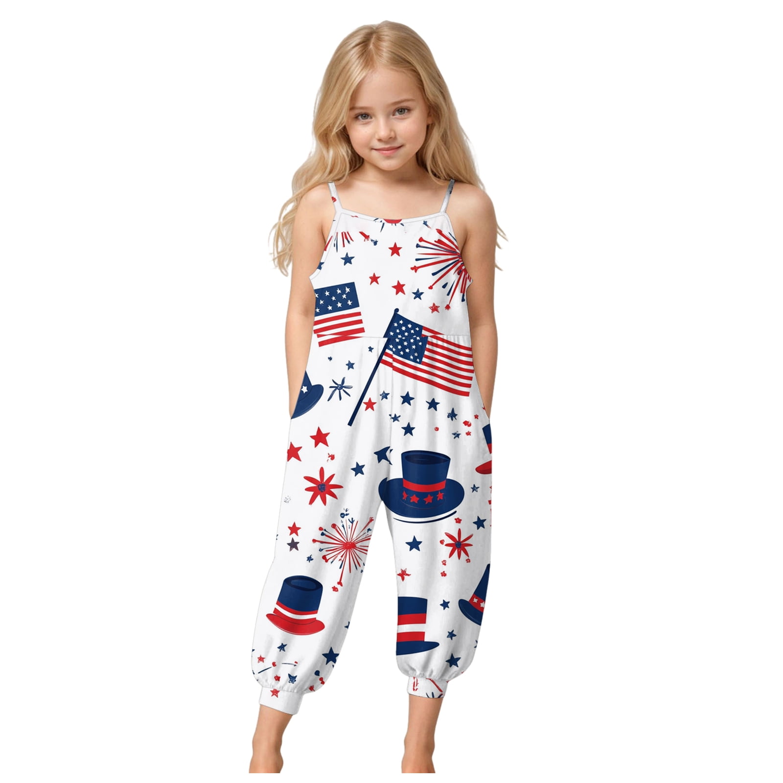 eileial Toddler Baby Girl 4th of July Jumpsuit Outfits American Flag Romper Sleeveless Spaghetti ...