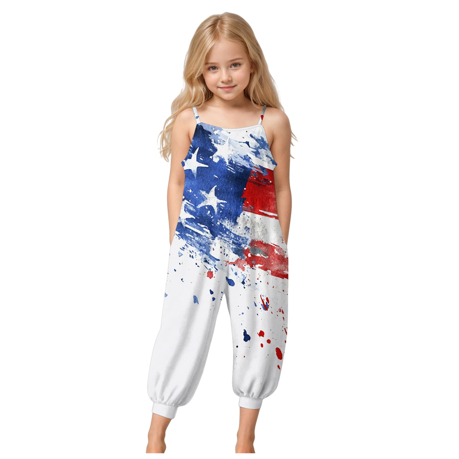 eileial Toddler Baby Girl 4th of July Jumpsuit Outfits American Flag Romper Sleeveless Spaghetti ...