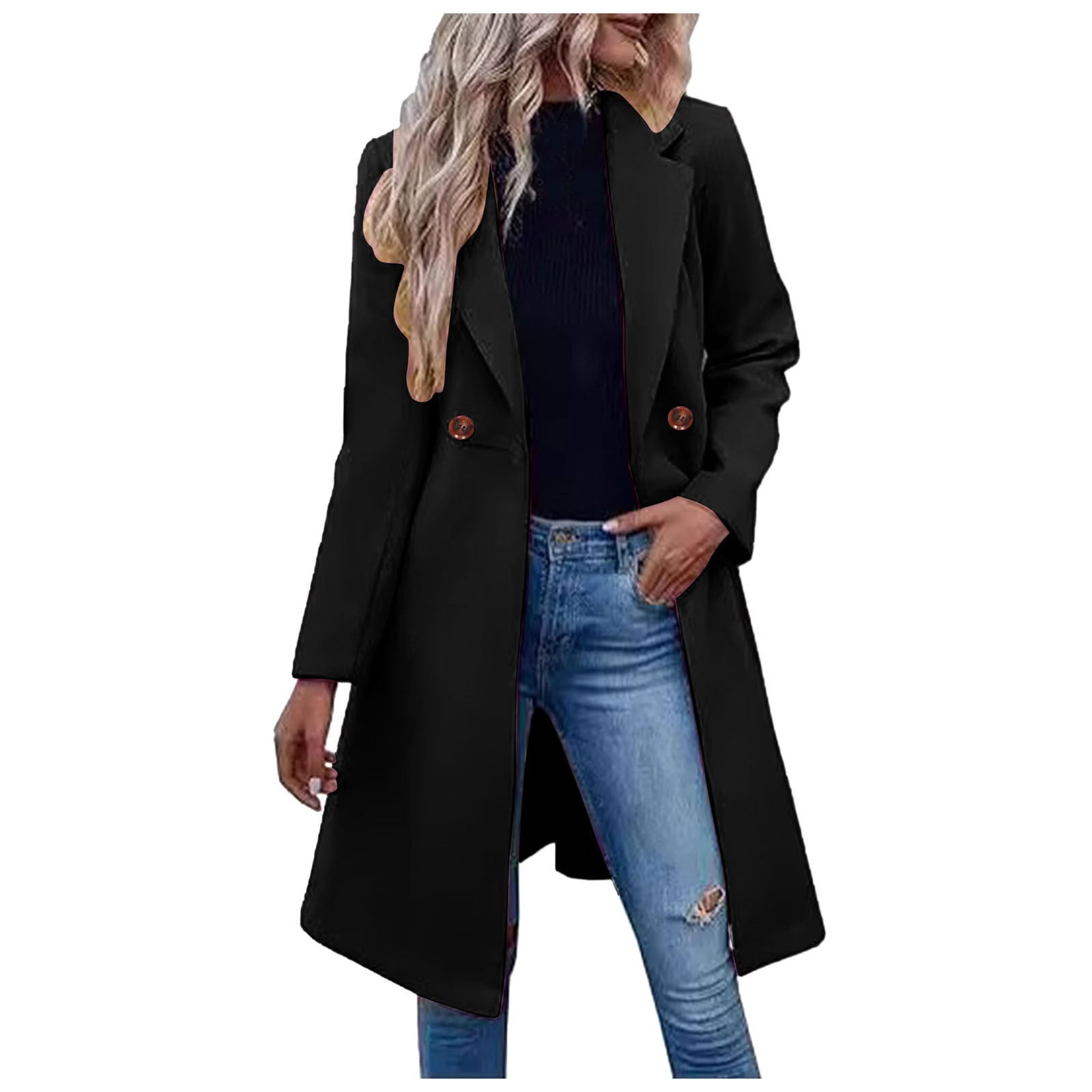 eileial Women's Notch Lapel Double Pea Coat Slim Fit Wool Blend Mid ...