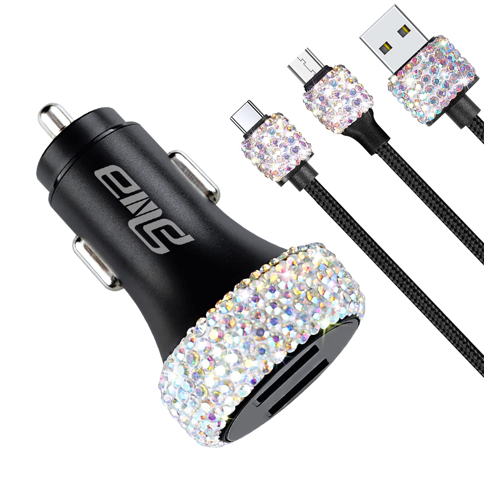 eing Car Charger 3 Pack Rhinestones Cell Phone Set (Bling Dual USB ...
