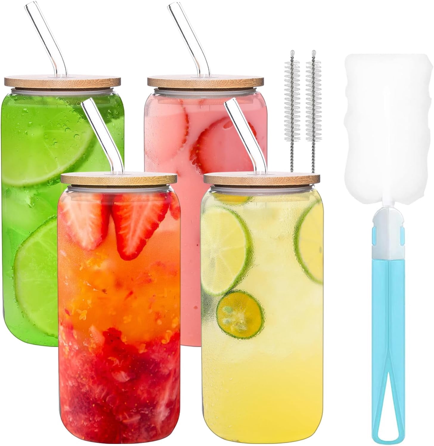 eleganttime 4 Pack Glass Cups with Bamboo Lids and Straws,16 oz Glass ...