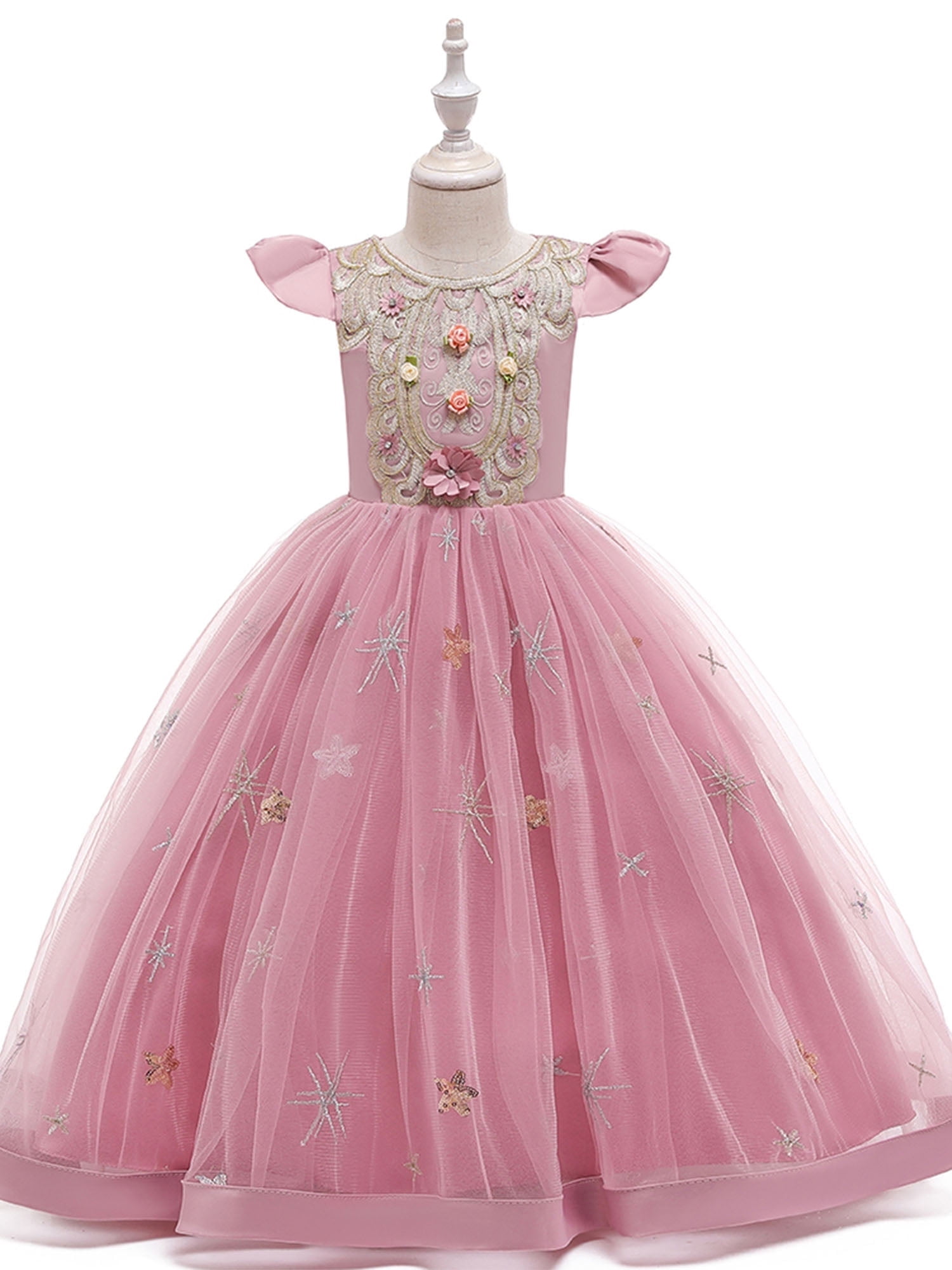 elfinBE Baby Girl Princess Floral Mesh Petal Sleeve Embroidered Evening ...