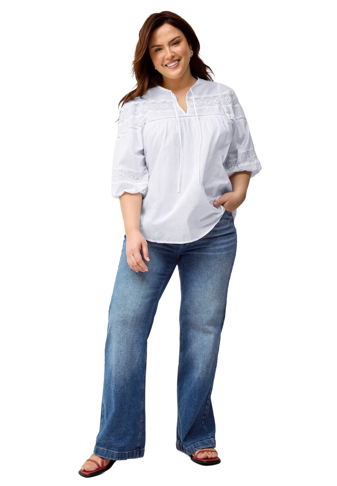 Ellos Plus Size Keyhole Neck Blouse With Crochet Trim - Walmart.com